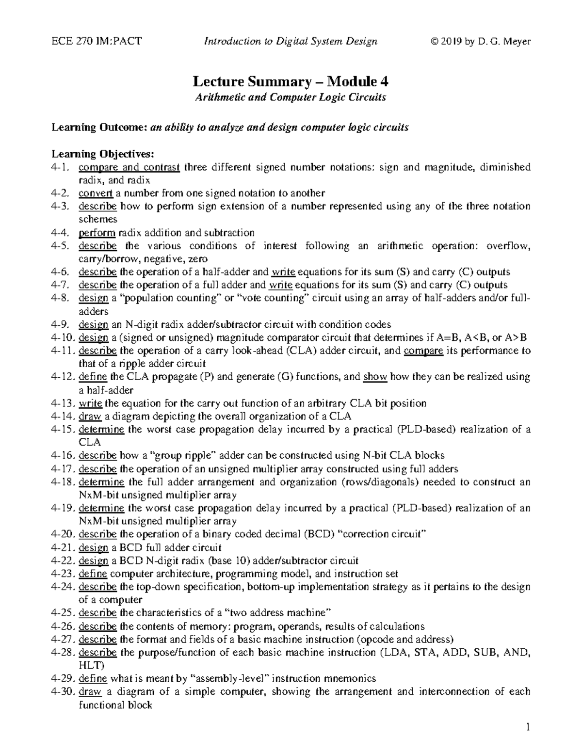 Lecture Summary Module 4 Lecture Summary Module 4 Arithmetic And Computer Logic Circuits 