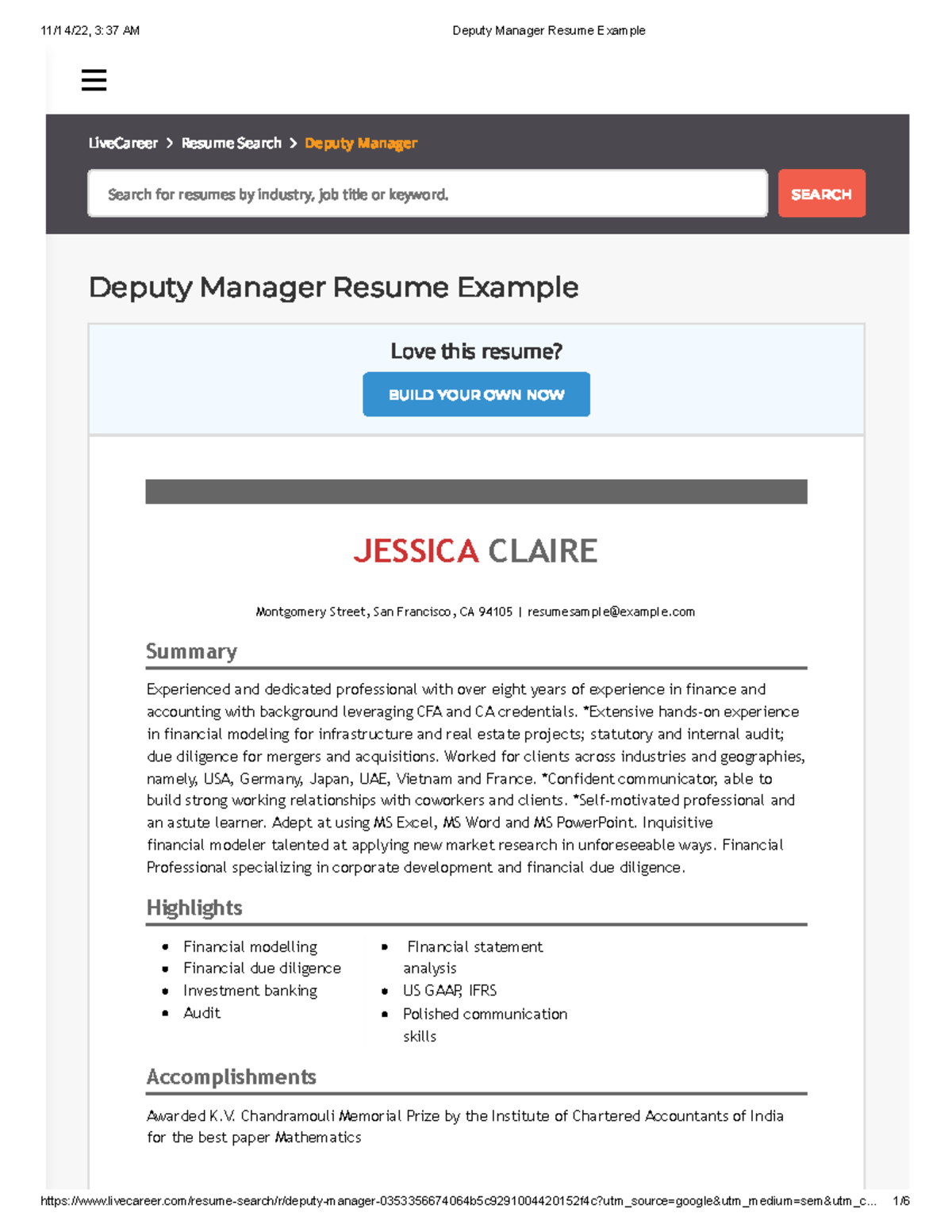 Deputy Manager Resume Example - LiveCareer Resume Search Deputy Manager ...