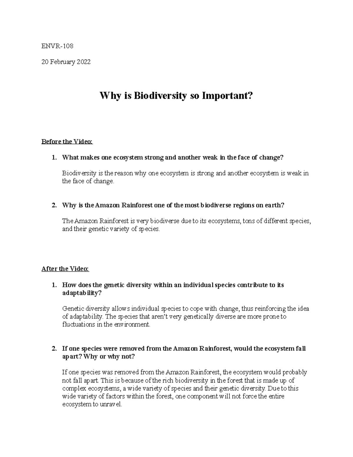 Why is Biodiversity so Important? - ENVR- 20 February 2022 Why is ...