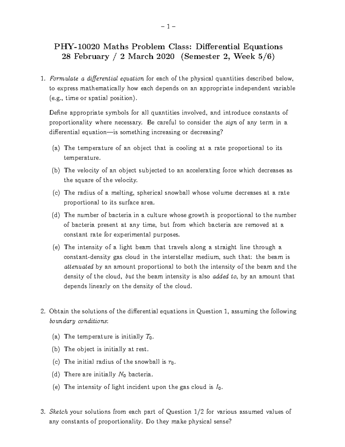 Problem Sheet 2020 - Differential Equations - – 1 – PHY-10020 Maths ...