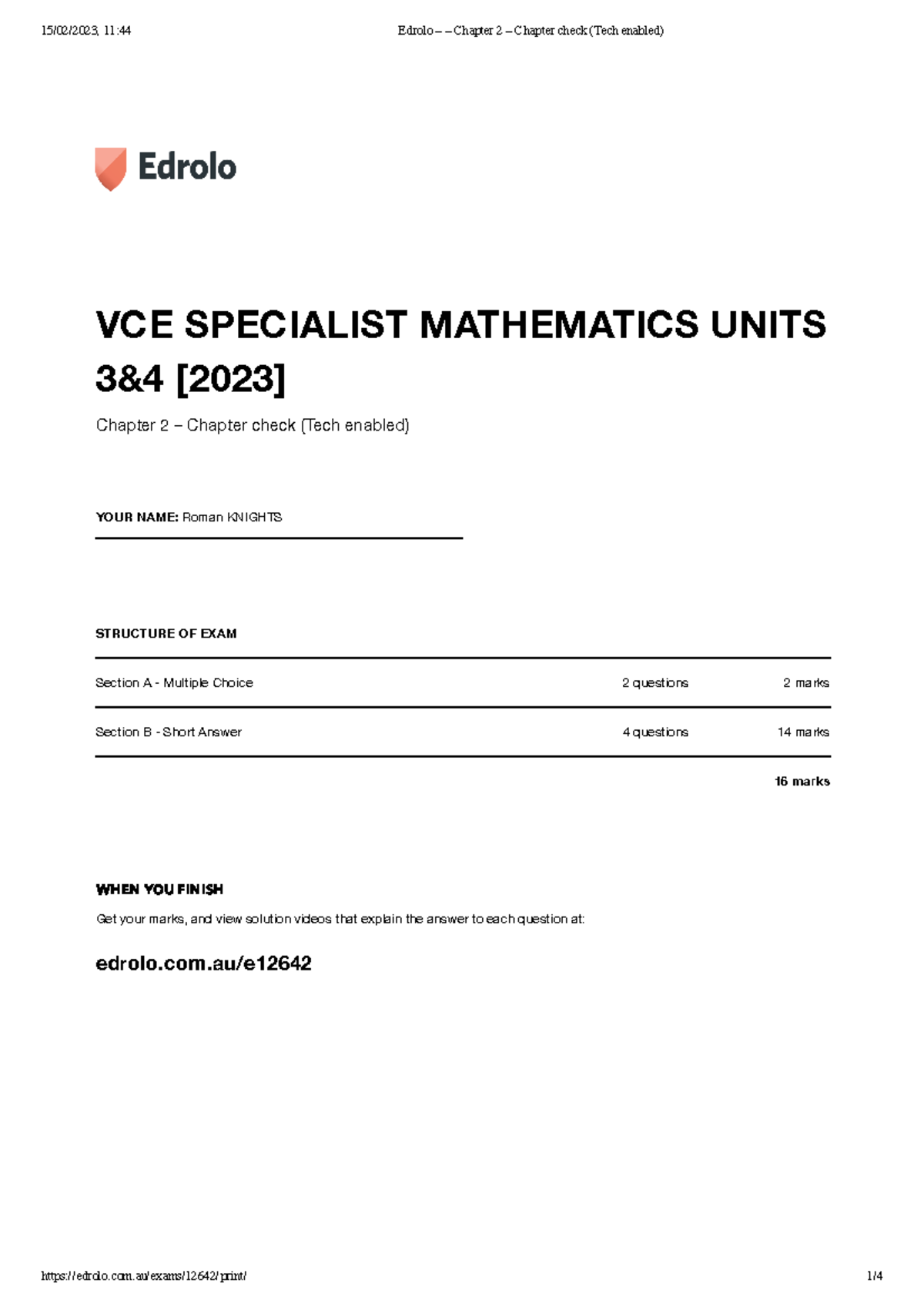 Trig tech free edrolo - Practice Trig Test - VCE SPECIALIST MATHEMATICS ...