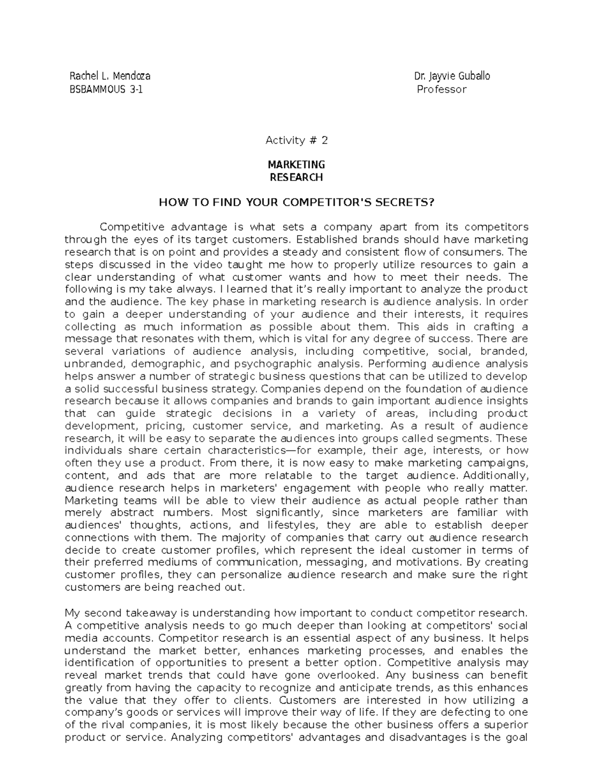 Activity 2 - reflection paper - Rachel L. Mendoza Dr. Jayvie Guballo ...