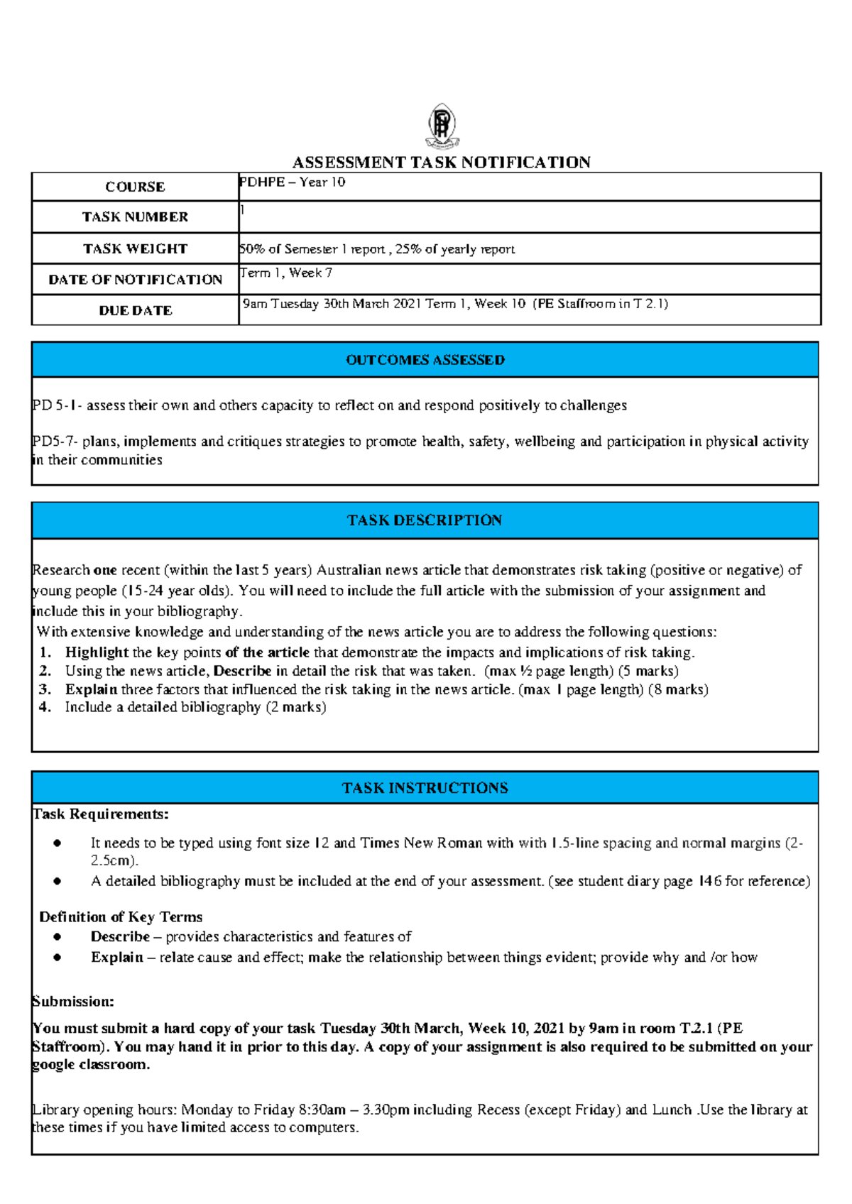 Year 10 assessment task semester 1 2021 - ASSESSMENT TASK NOTIFICATION ... Year 10 assessment task semester 1 2021 - ASSESSMENT TASK NOTIFICATION ...