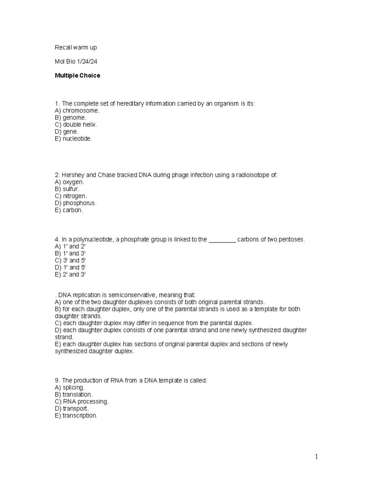 Class work lecture 1 - practice - Recall warm up Mol Bio 1/24/ Multiple ...