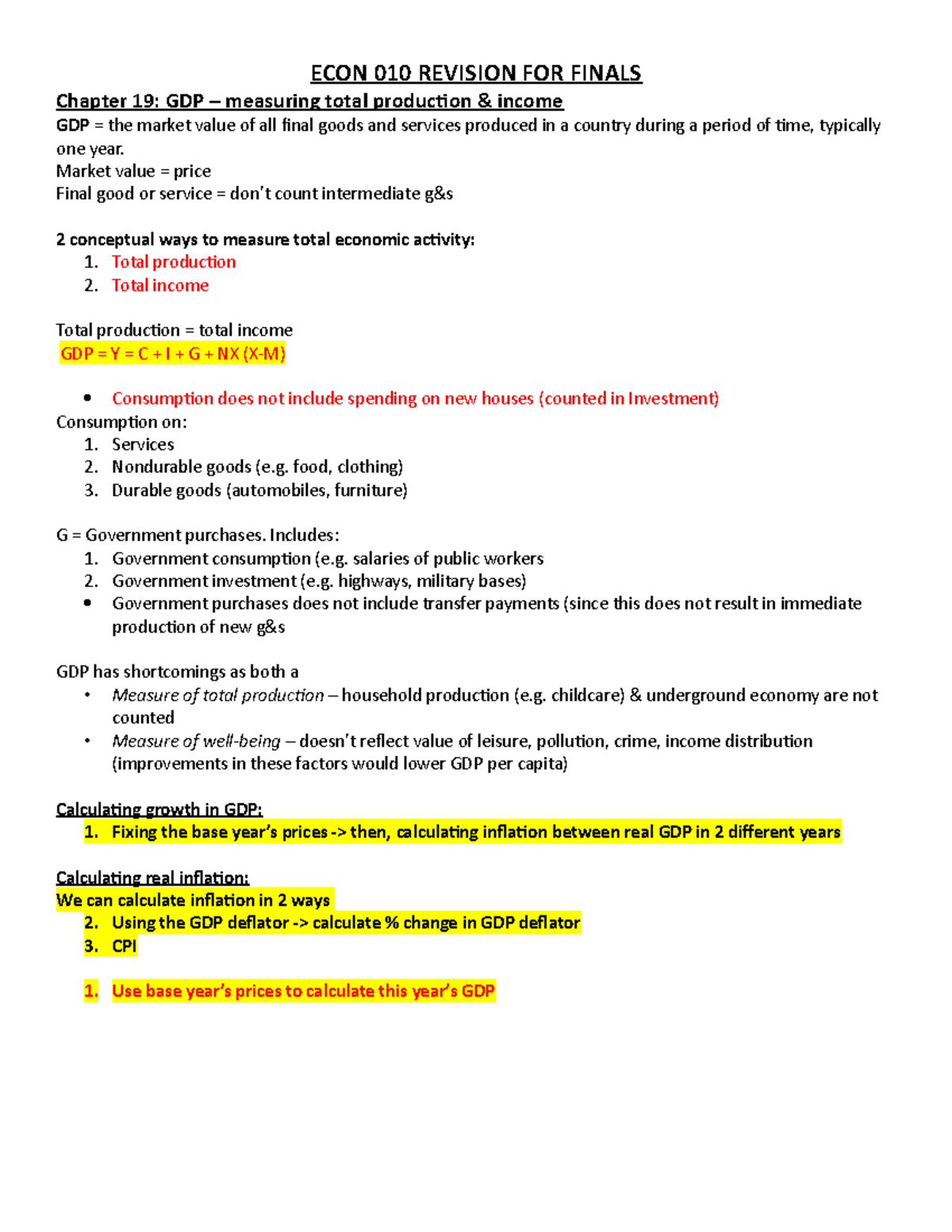 ECON 010 Revision FOR Finals - ECON 010 REVISION FOR FINALS Chapter 19 ...