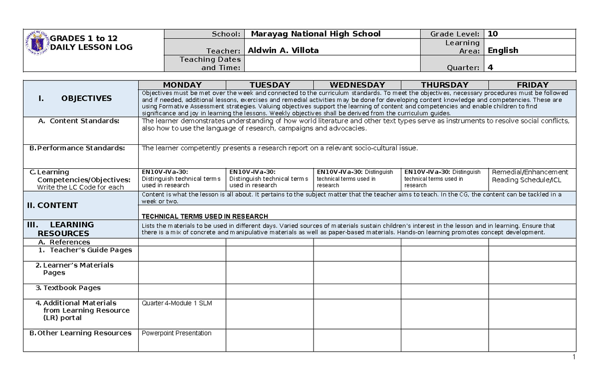 G10 DLL IN English Q4 - GRADES 1 to 12 DAILY LESSON LOG School: Marayag ...