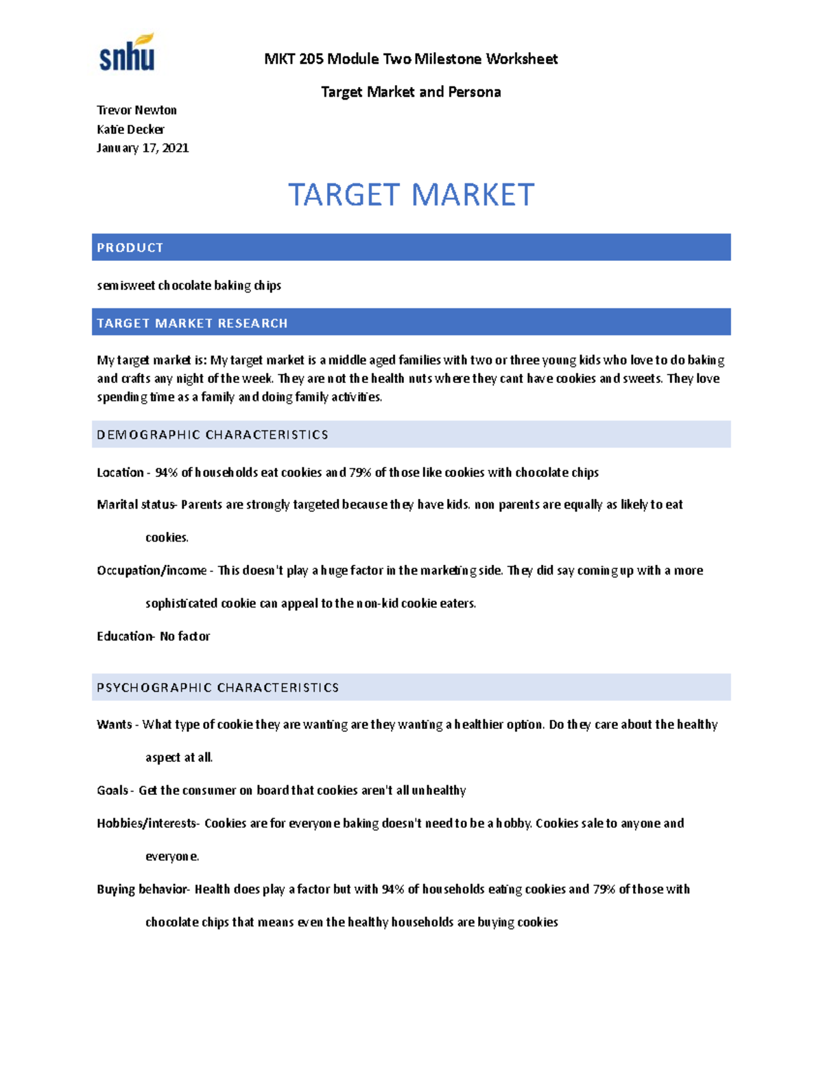 Target market module two - MKT 205 Module Two Milestone Worksheet ...