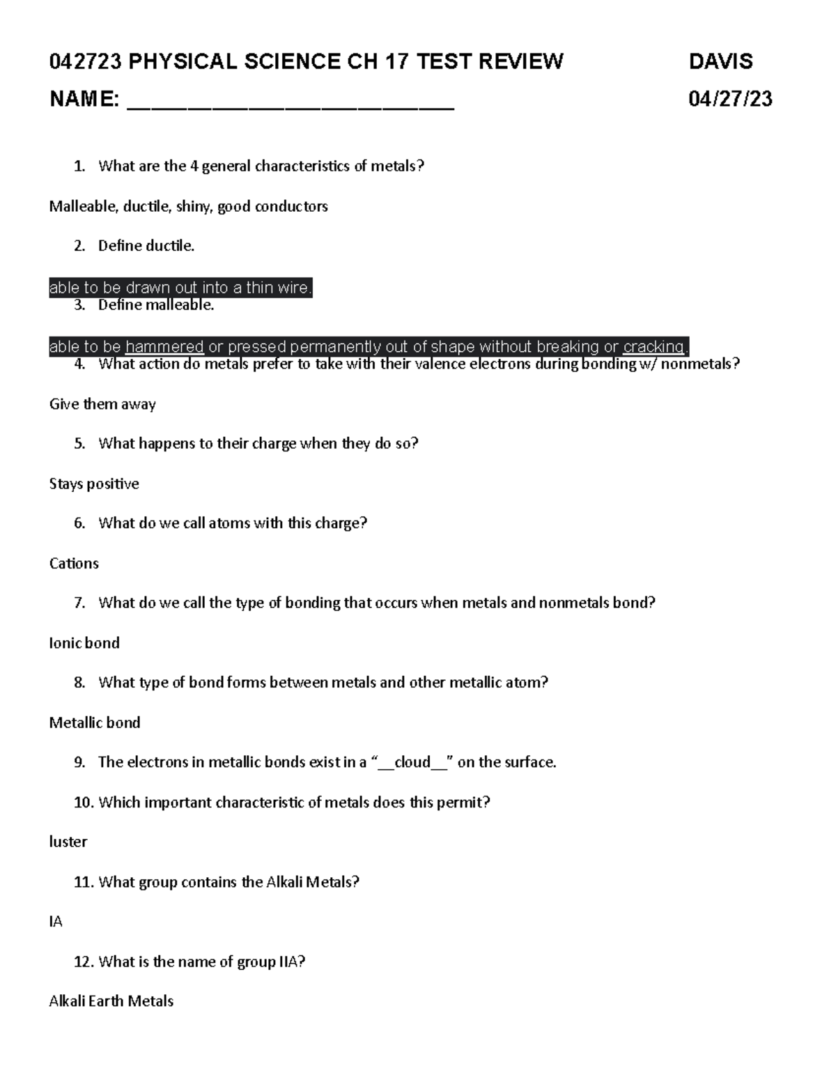 Physical Science CH 17 TEST Review - 042723 PHYSICAL SCIENCE CH 17 TEST ...