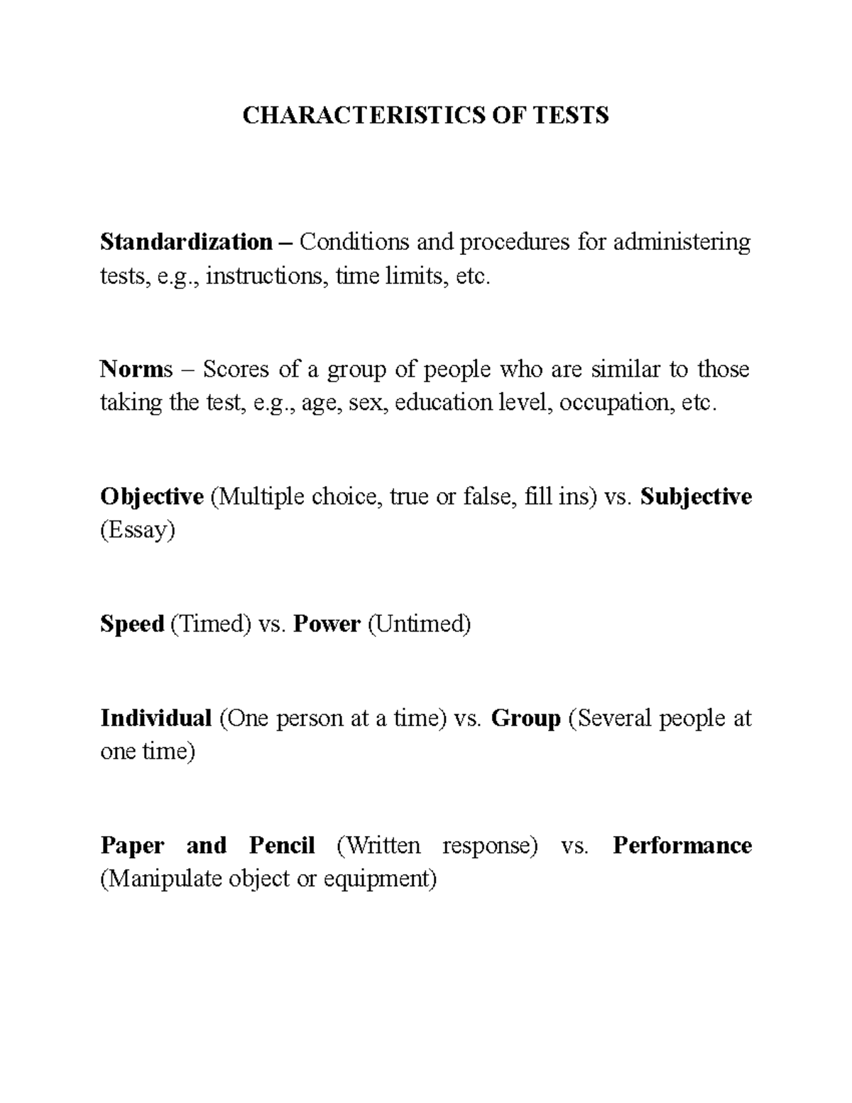 Psychological Testing - CHARACTERISTICS OF TESTS Standardization ...