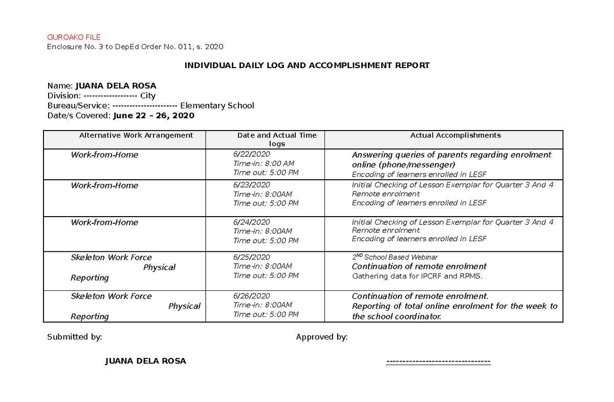 Individual daily log and accomplishment Report - GUROAKO FILE Enclosure ...