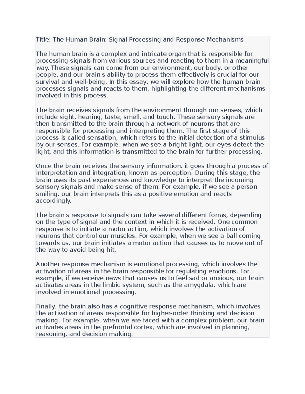 The Human Brain - Signal Processing and Response Mechanisms - Title ...