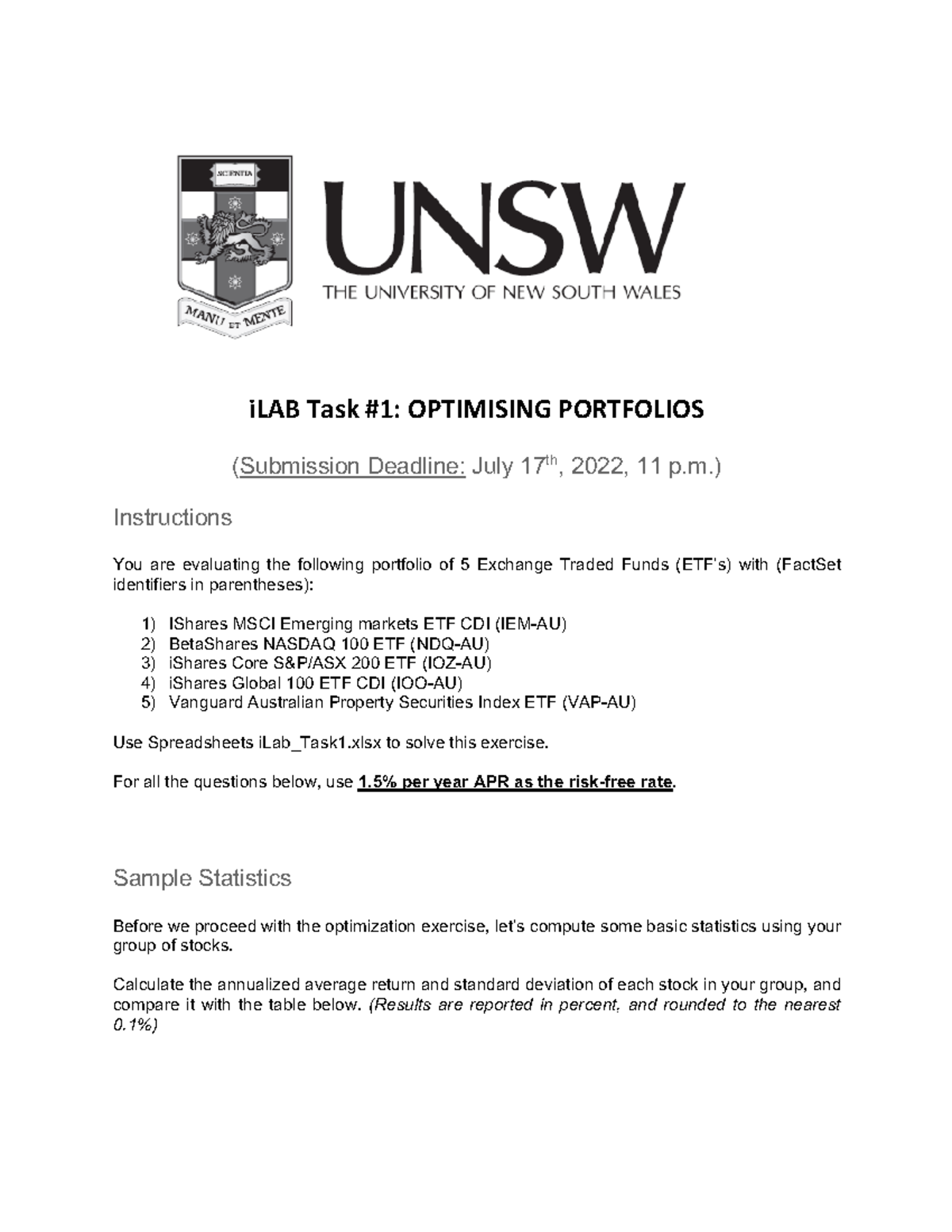 I Lab1 Exercise Ilab Assignment 1 Ilab Task 1 Optimising Portfolios Submission Deadline