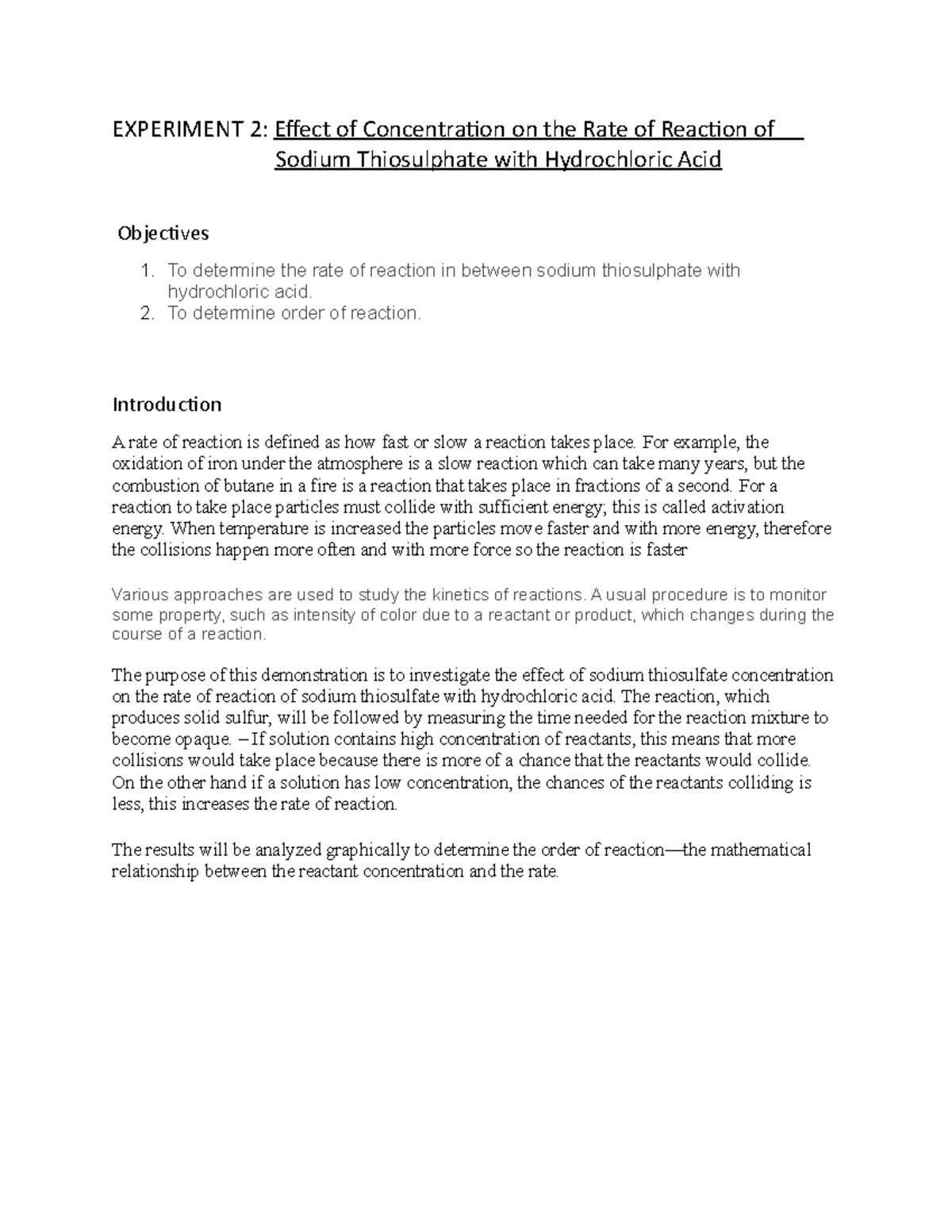Experiment 2 - effect on concentration of rate of reaction - EXPERIMENT ...
