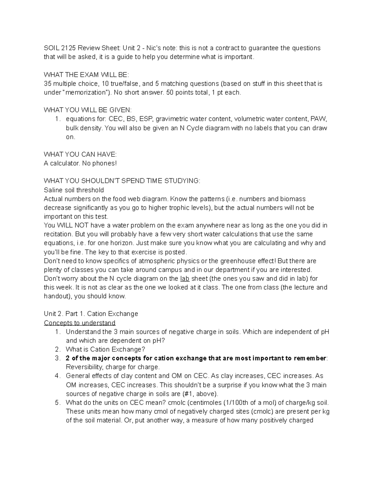 Unit Two Review Sheet - SOIL 2125 Review Sheet: Unit 2 - Nic’s note ...