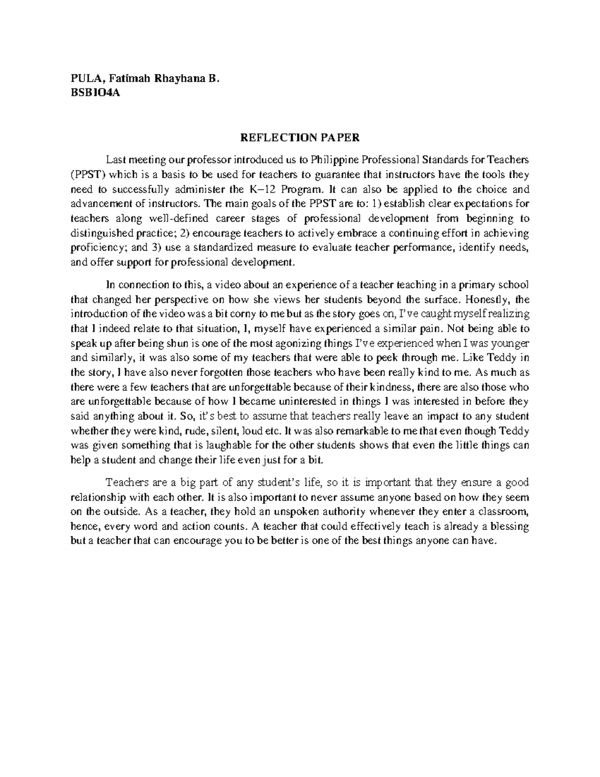 (PULA) Bioed 101 Reflection Paper - PULA, Fatimah Rhayhana B. BSBIO4A ...