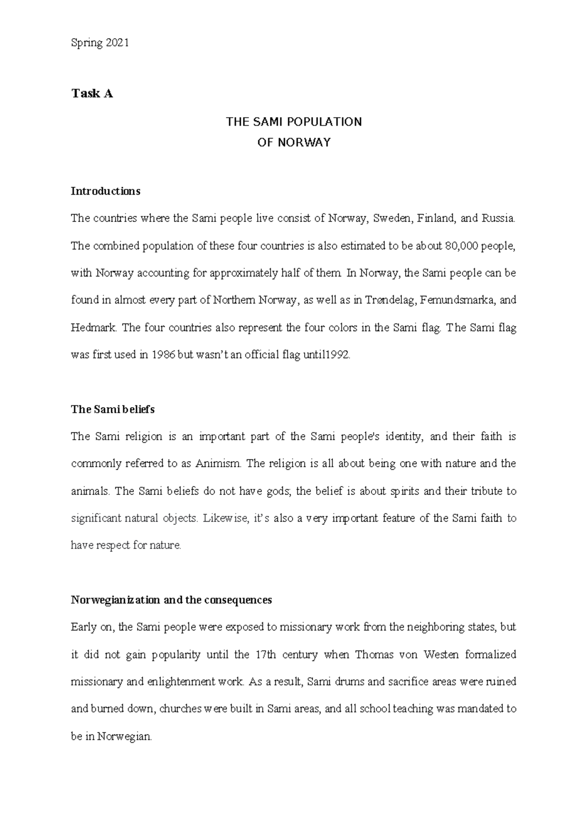 THE SAMI Population - Spring 2021 Task A THE SAMI POPULATION OF NORWAY ...