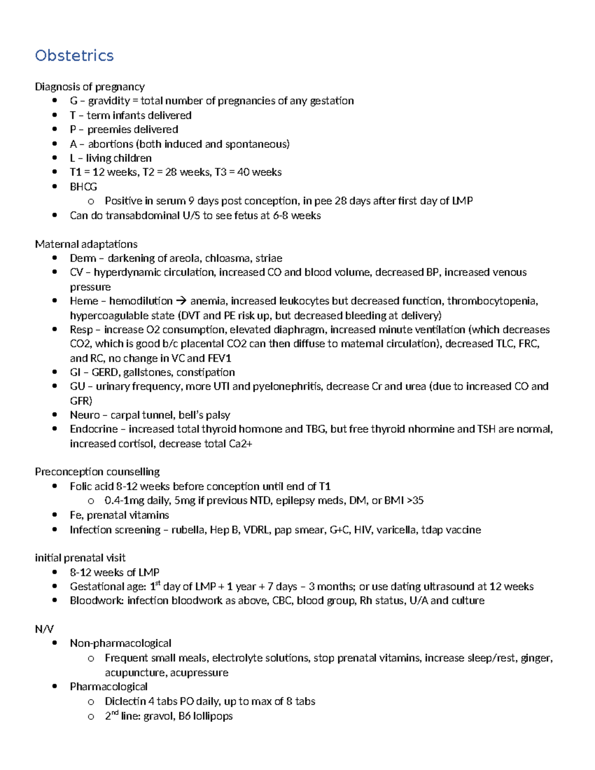 Premed notes - Psych, Fam, Peds - Obstetrics Diagnosis of pregnancy G ...