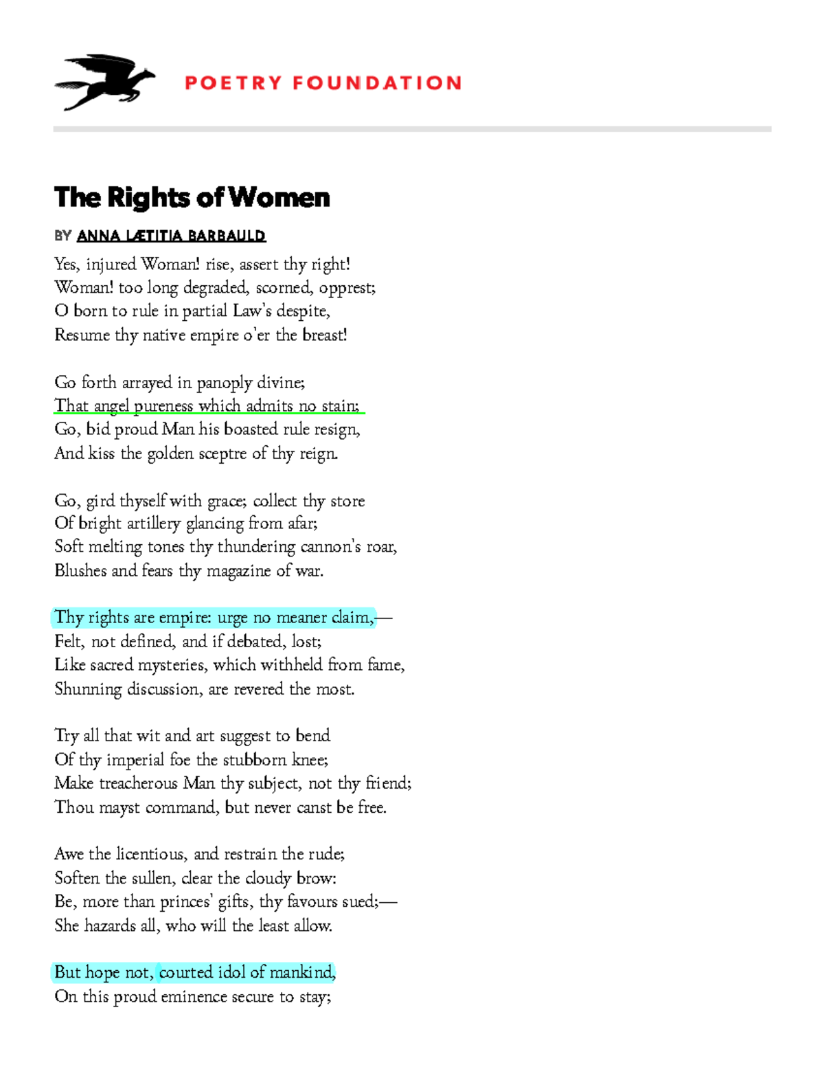 The Rights of Women by Anna Lætitia Barbauld Poetry Foundation - The ...