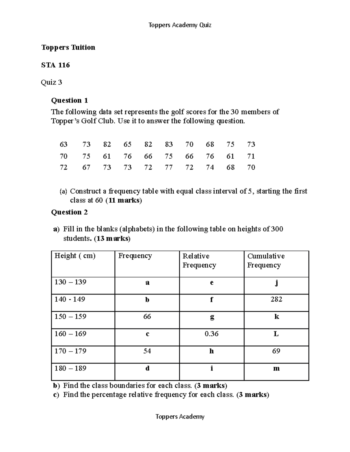 Toppers Academy STA 116 Quiz 3 - Toppers Academy Quiz Toppers Tuition ...