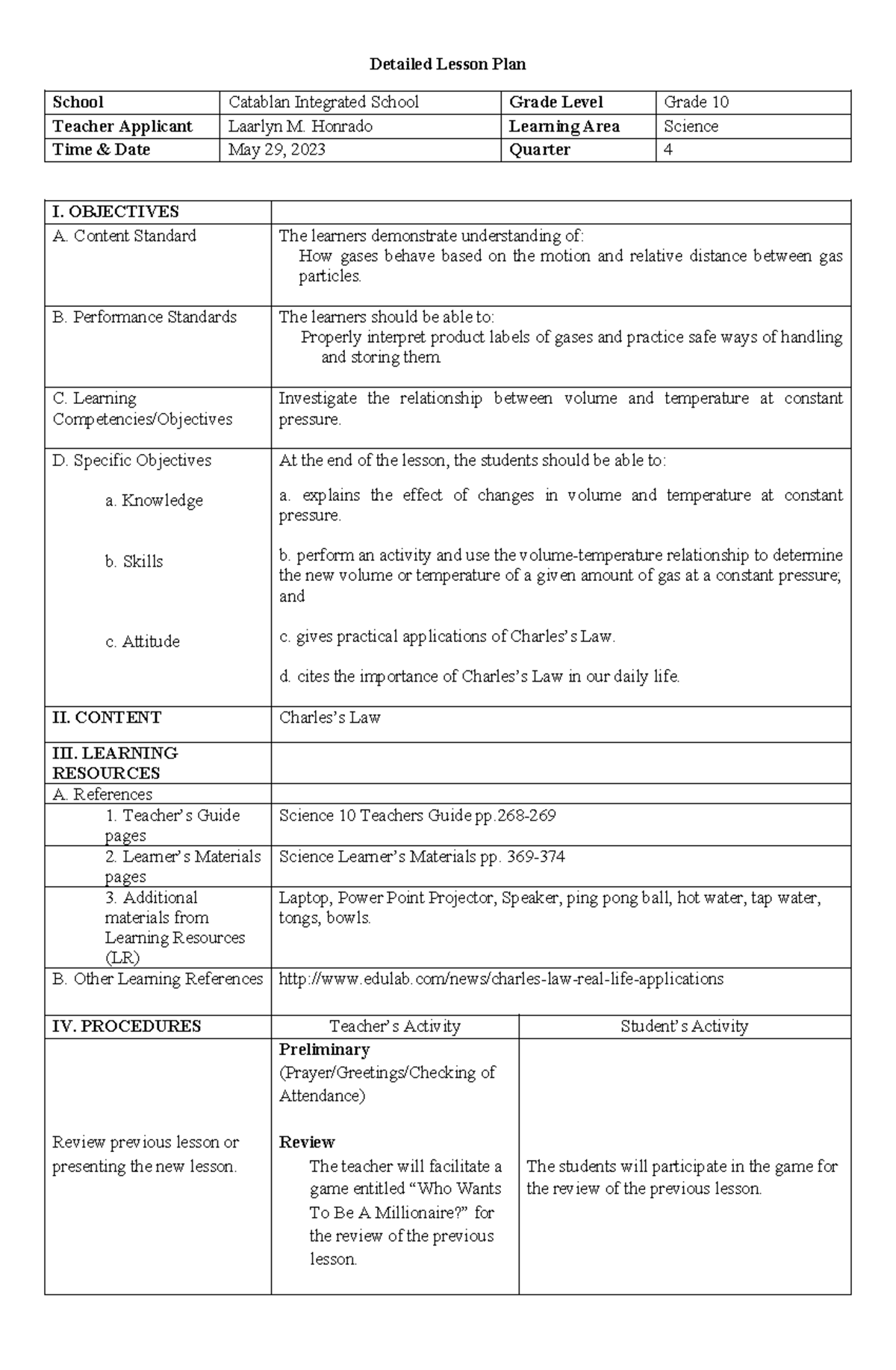 DLP final charles - Detailed Lesson Plan School Catablan Integrated ...