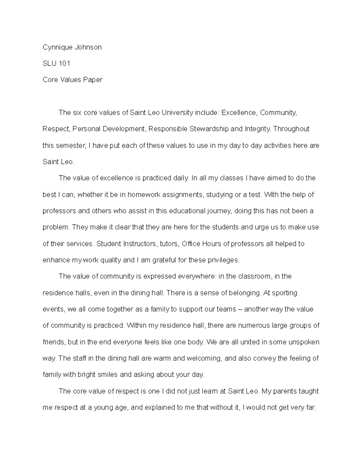 Core Values Paper - Cynnique Johnson SLU 101 Core Values Paper The six ...