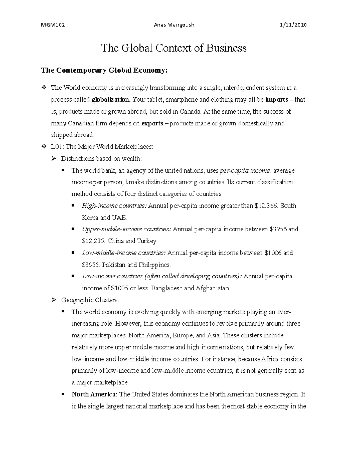 Chapter 1 Notes - The Global Context of Business The Contemporary ...