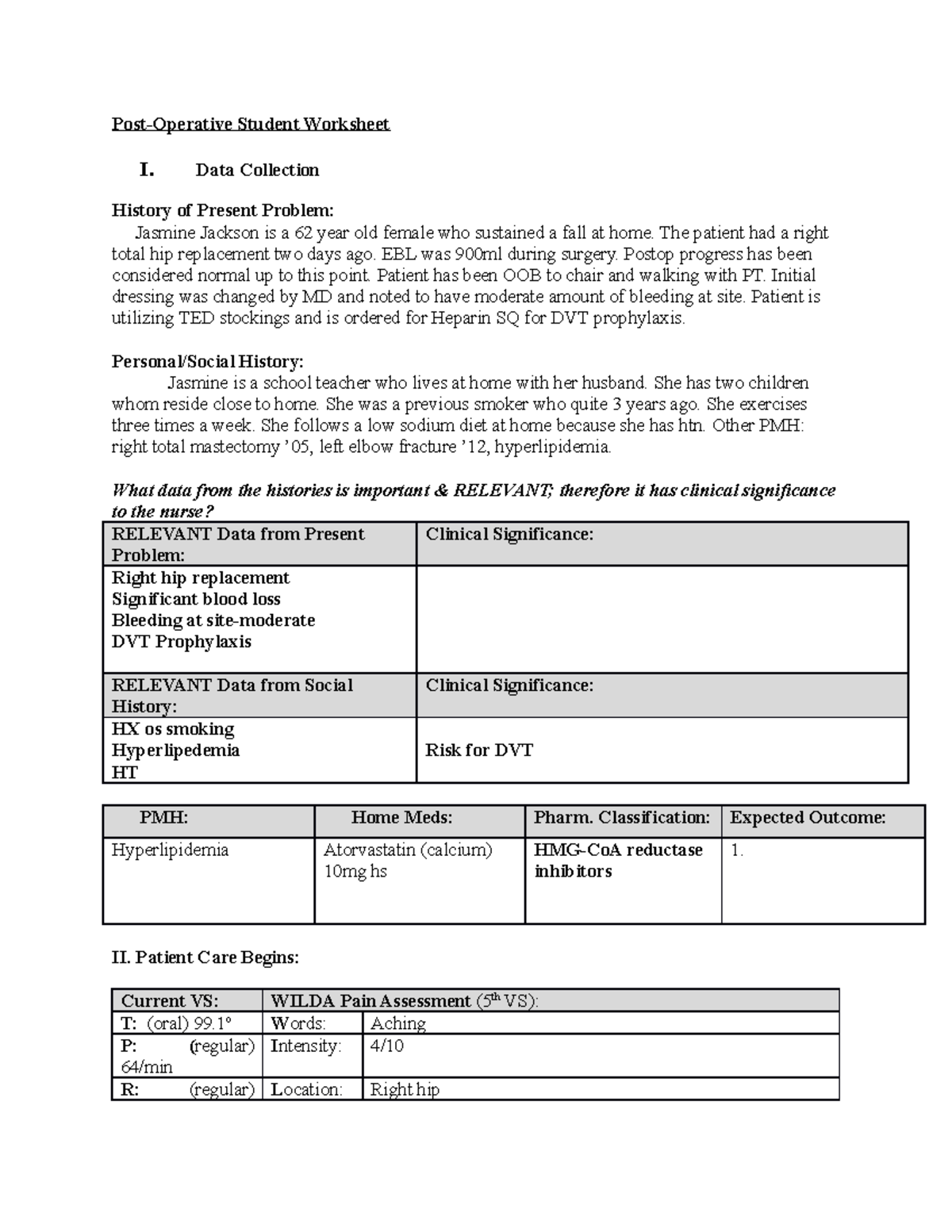 Peri-Op SIM-Jasmine Jackson - Post-Operative Student Worksheet I. Data ...