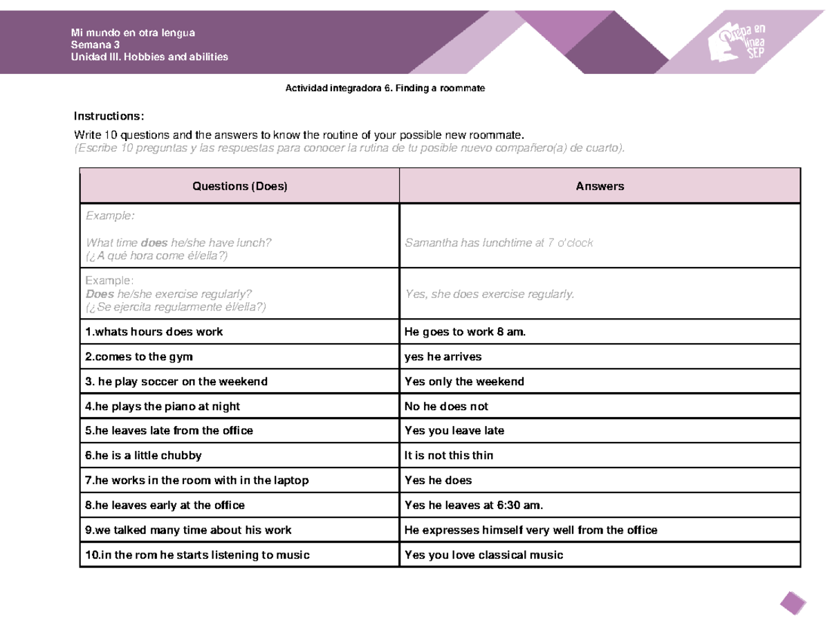 Módulo 6 Semana 3 Actividad integradora 6. Finding a roommate - 1 Mi mundo en otra lengua Semana ...