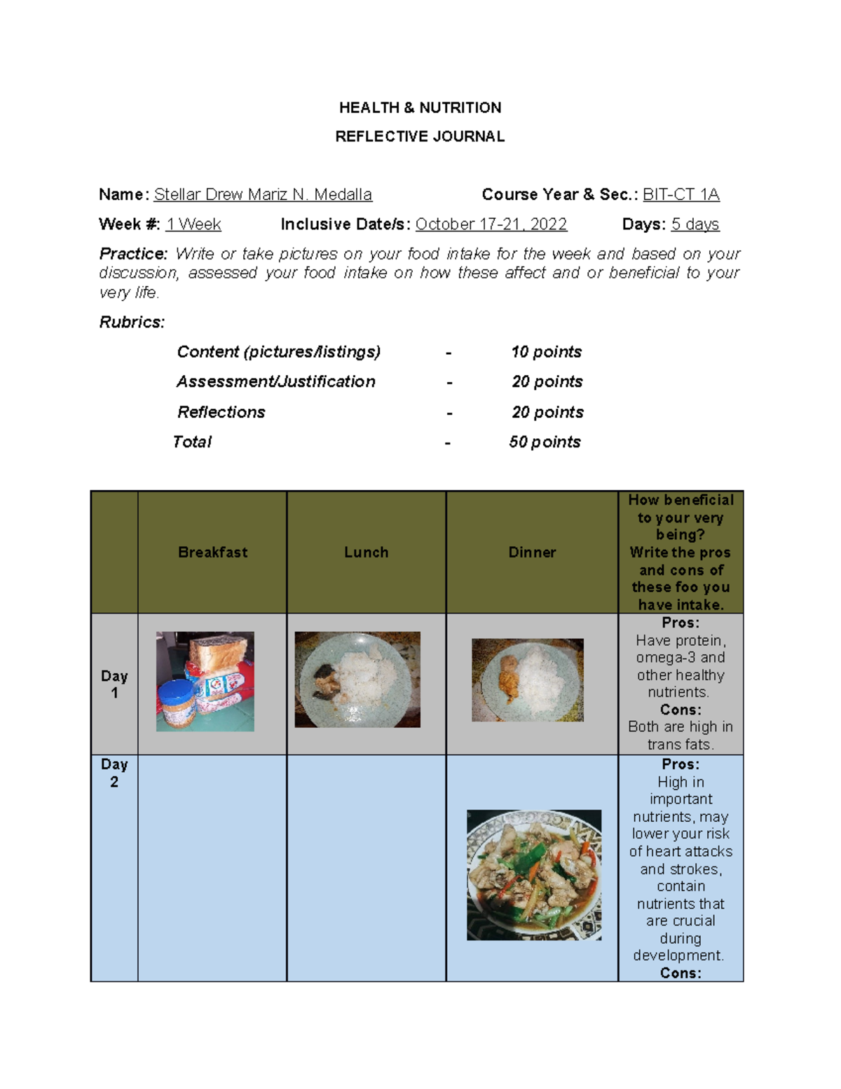 Activity 2 (Nutrition) - HEALTH & NUTRITION REFLECTIVE JOURNAL Name ...