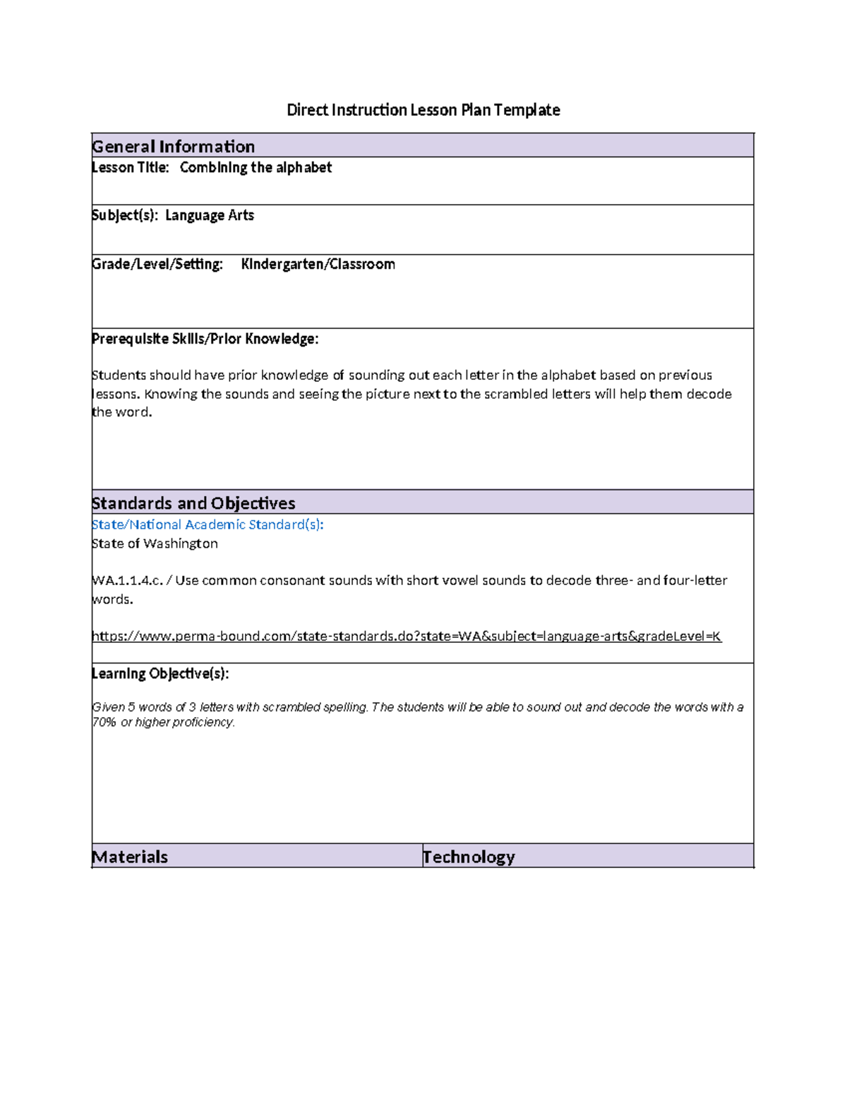 D091 Task 2 Lesson Plan - Direct Instruction Lesson Plan Template ...