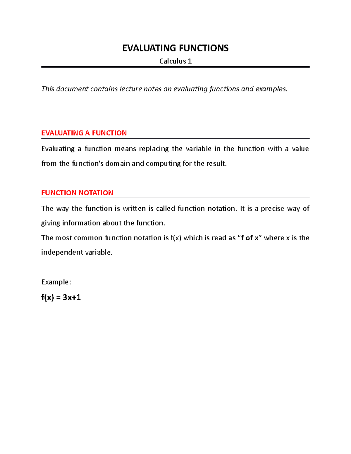 Evaluating Functions - EVALUATING FUNCTIONS Calculus 1 This document ...