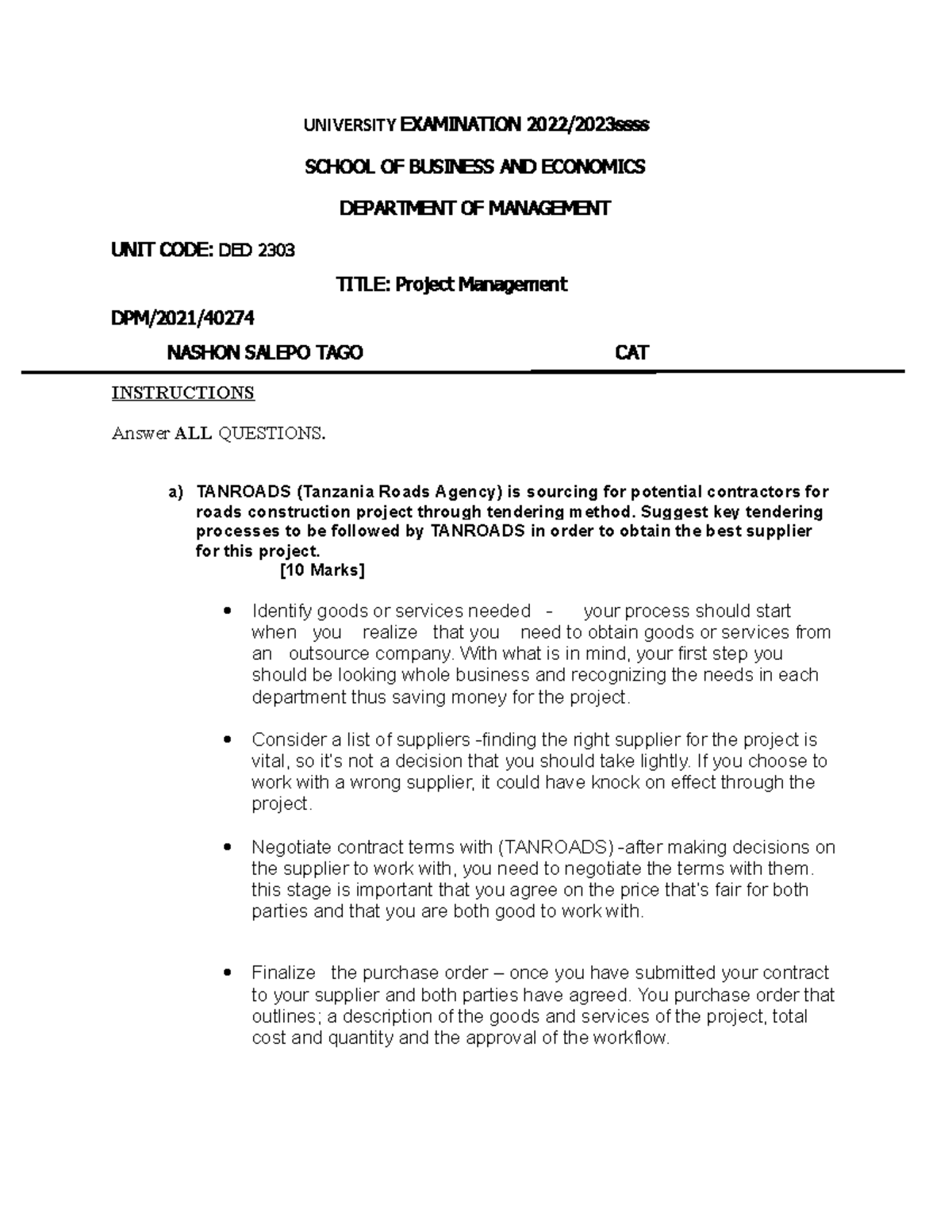 Project Management CAT sep-dec - UNIVERSITY EXAMINATION 2022/2023ssss ...