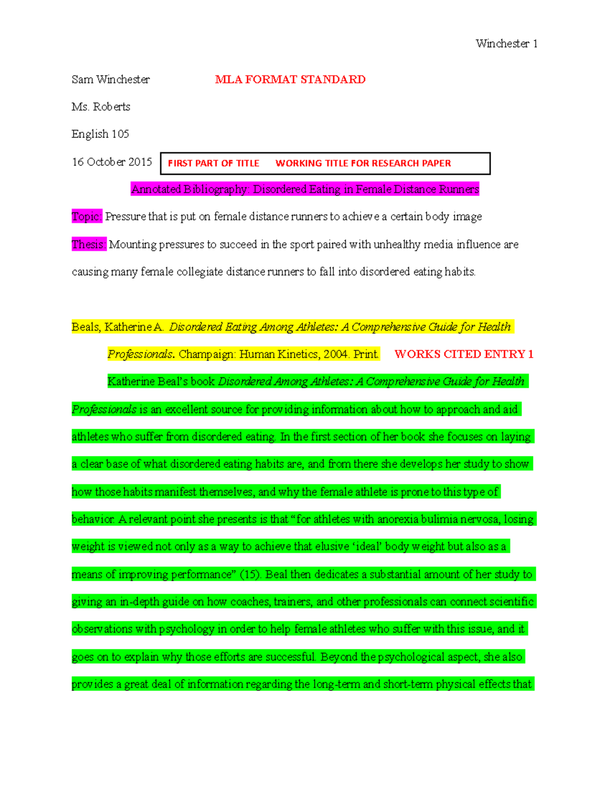 ENG 105 Sample Annotated Bib - FIRST PART OF TITLE WORKING TITLE FOR ...