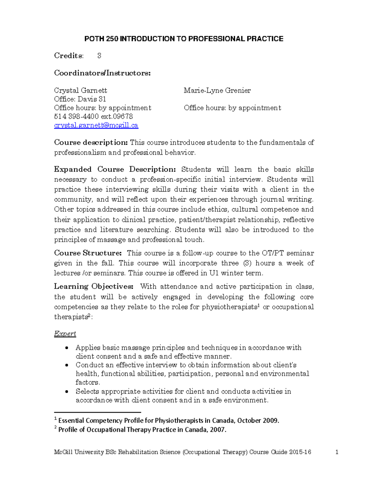 8 poth 250 course outline 2015-16 0 - POTH 250 INTRODUCTION TO ...