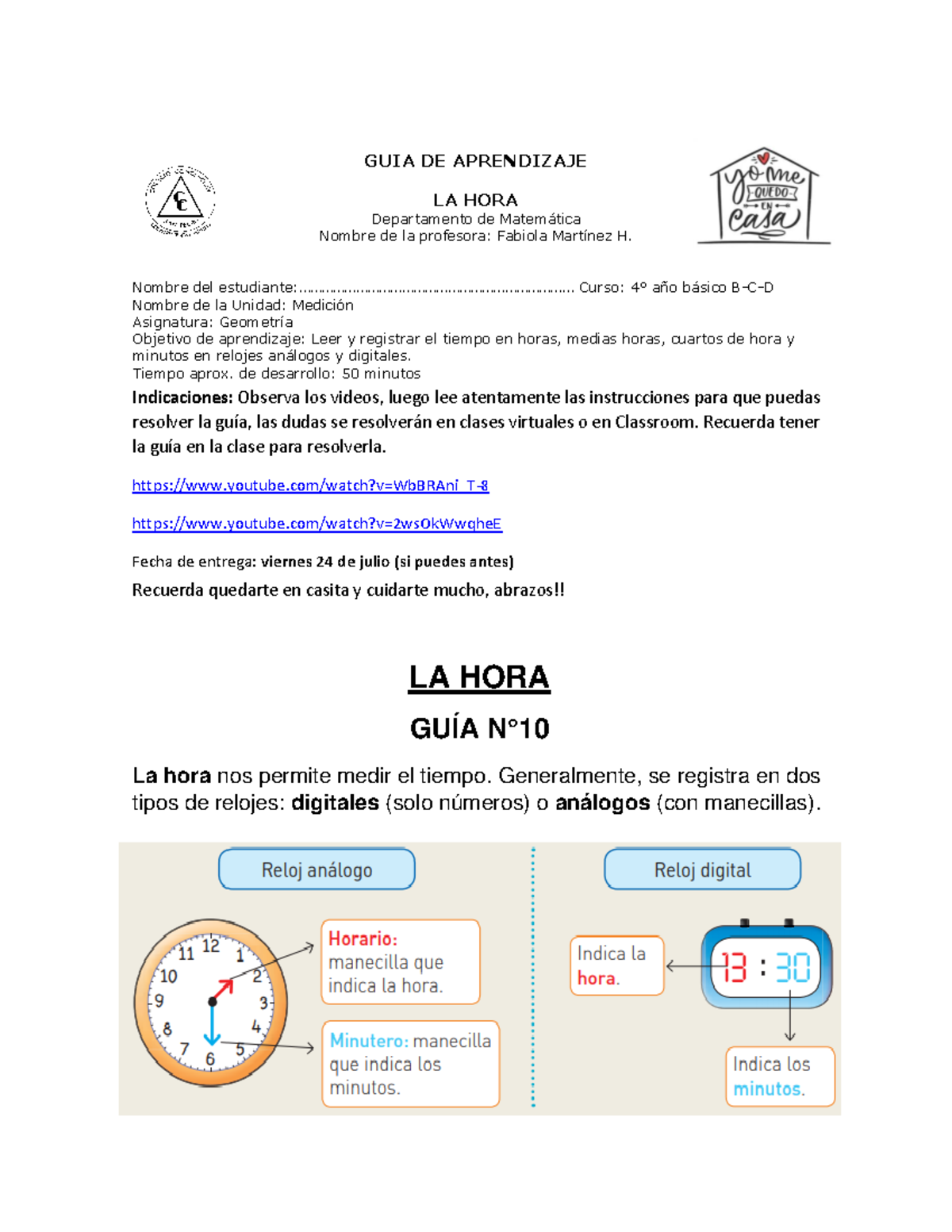 Reloj - Actividades para trabajar en PIE - GUIA DE APRENDIZAJE LA HORA ...