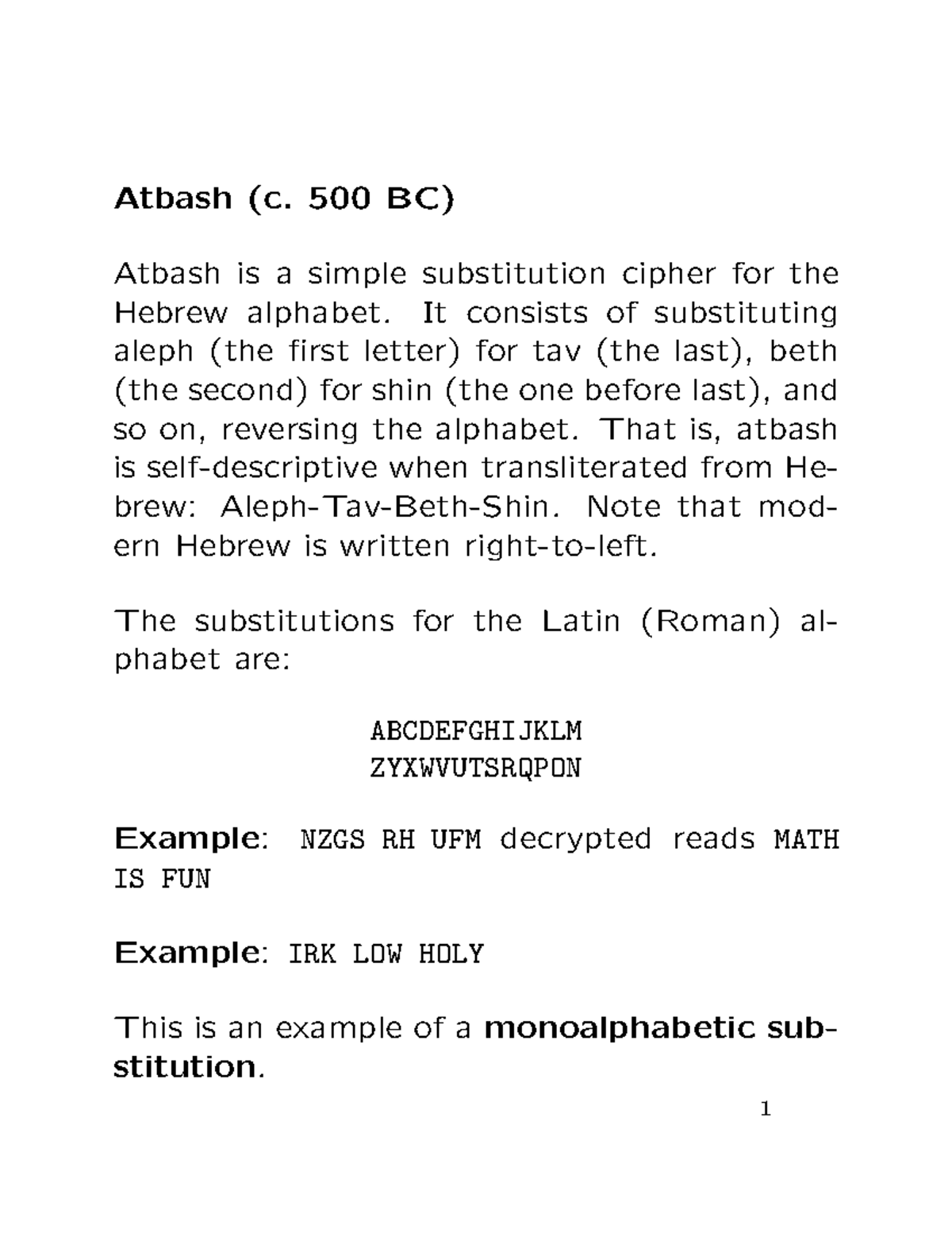 Chapter 1 - Lecture 1 for students - Atbash (c. 500 BC) Atbash is a ...