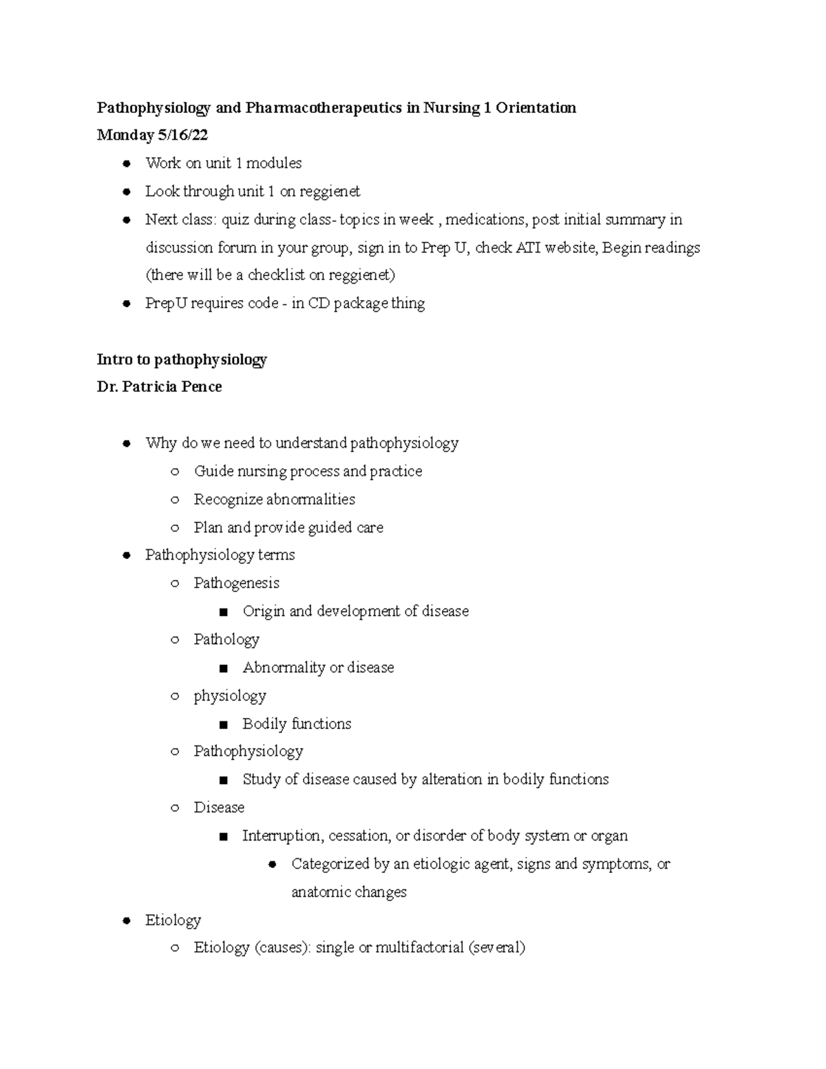 Class notes - Pathophysiology and Pharmacotherapeutics in Nursing 1 ...