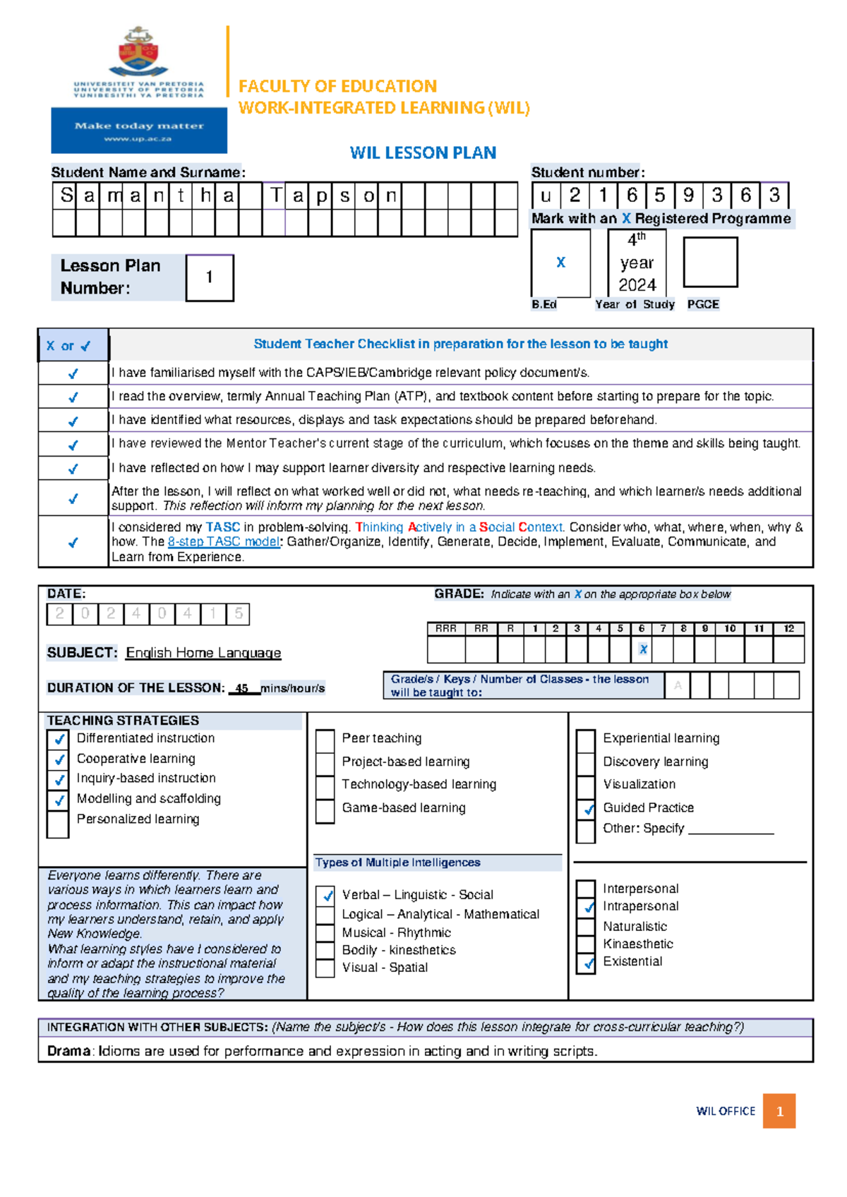 Lesson Plan 1 practicals - FACULTY OF EDUCATION WORK-INTEGRATED ...