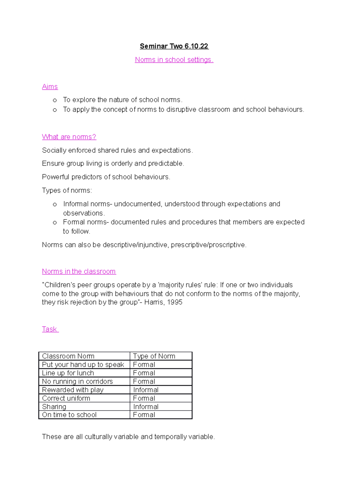 Seminar 2 - Seminar Two 6. Norms in school settings. Aims o To explore ...