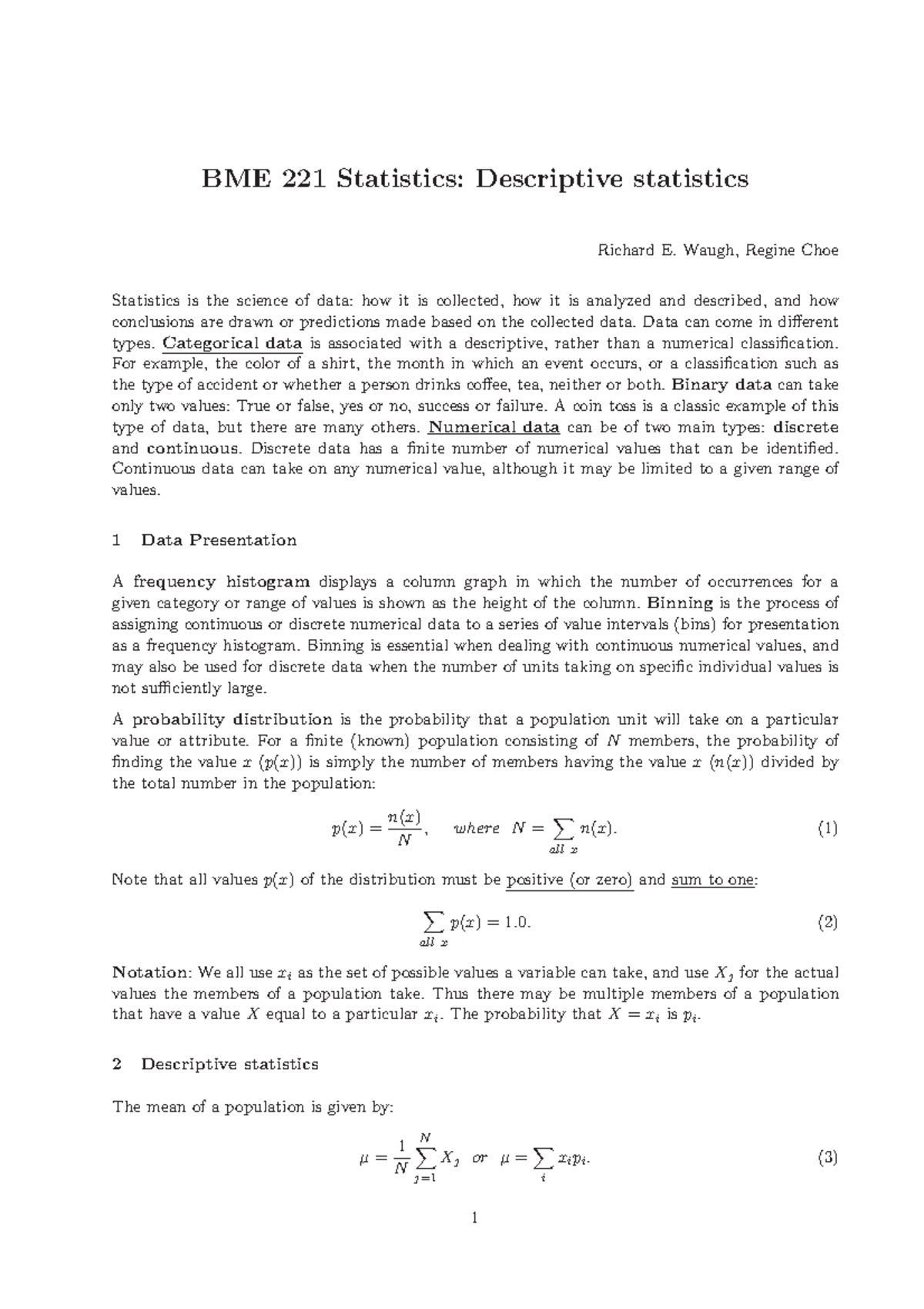 Stat Note Descriptive 2017 - BME 221 Statistics: Descriptive statistics ...