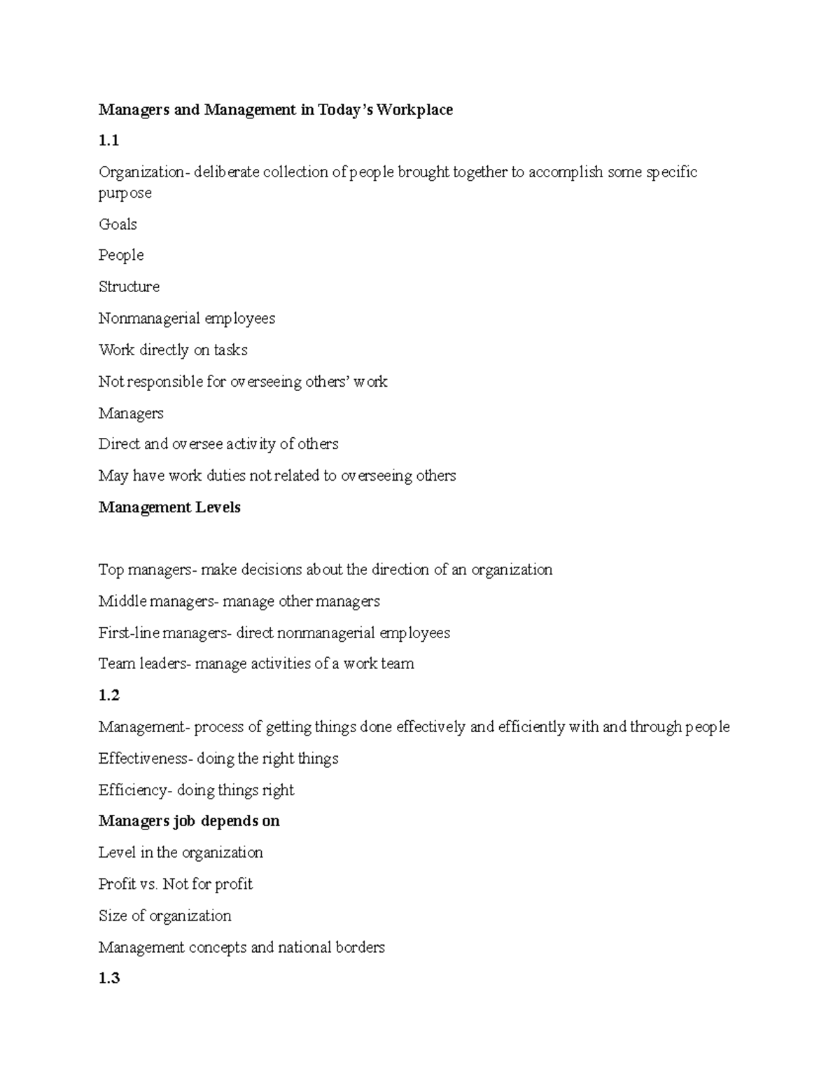 Management Chapter 1 - Managers and Management in Today’s Workplace 1 ...
