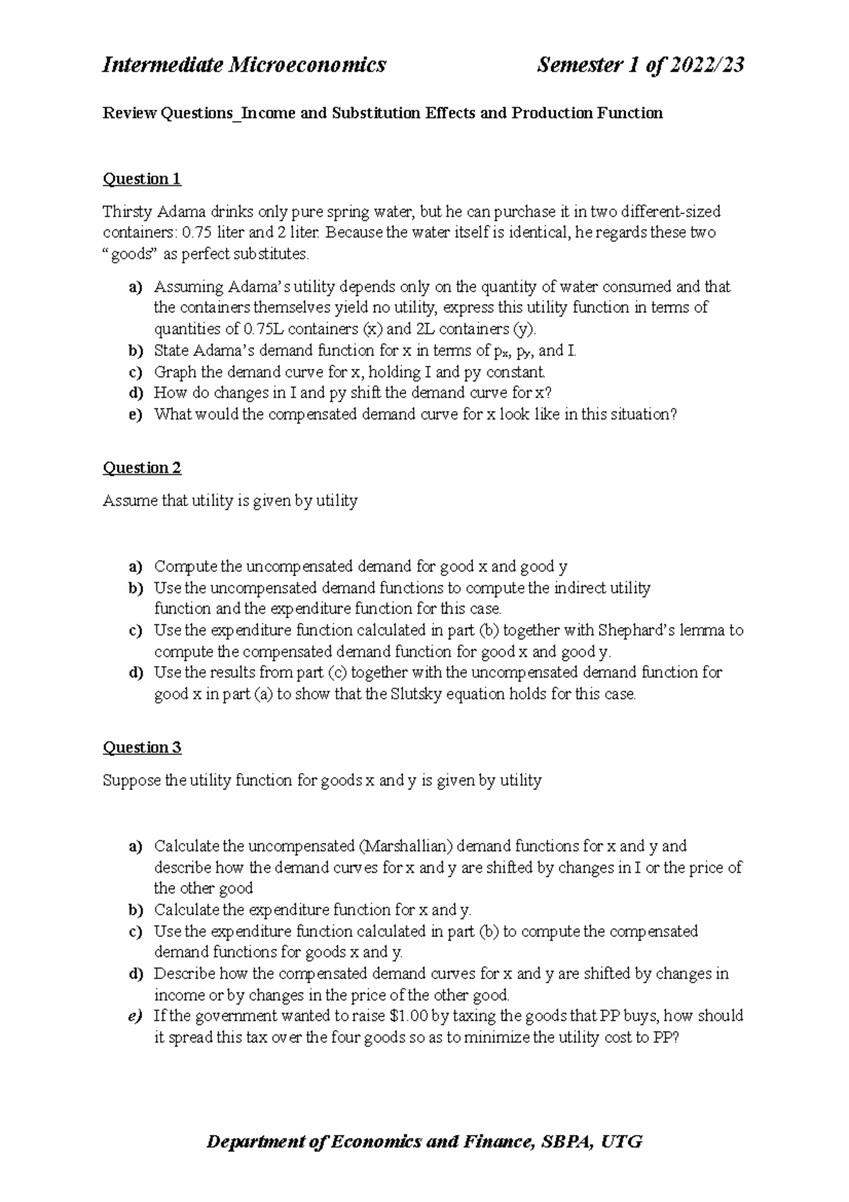 Review Questions Set 3 - strong - Intermediate Microeconomics Semester ...
