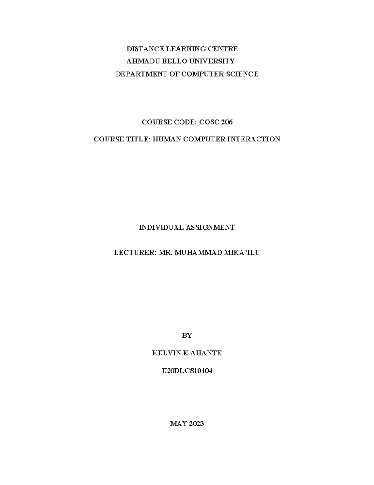 COSC 206 Individual Assignment - DISTANCE LEARNING CENTRE AHMADU BELLO ...