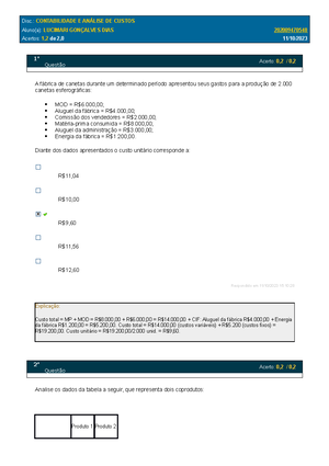 Exercicio 2 AV1 - EXERCÍCIOS AVALIATIVOS - Disc.: CONTABILIDADE E ANÁLISE DE CUSTOS Aluno(a ...
