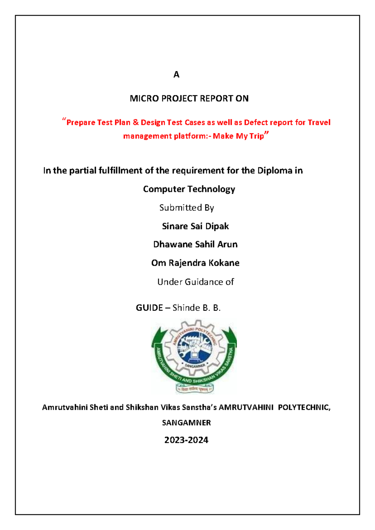 Stereport - A MICRO PROJECT REPORT ON “Prepare Test Plan & Design Test ...