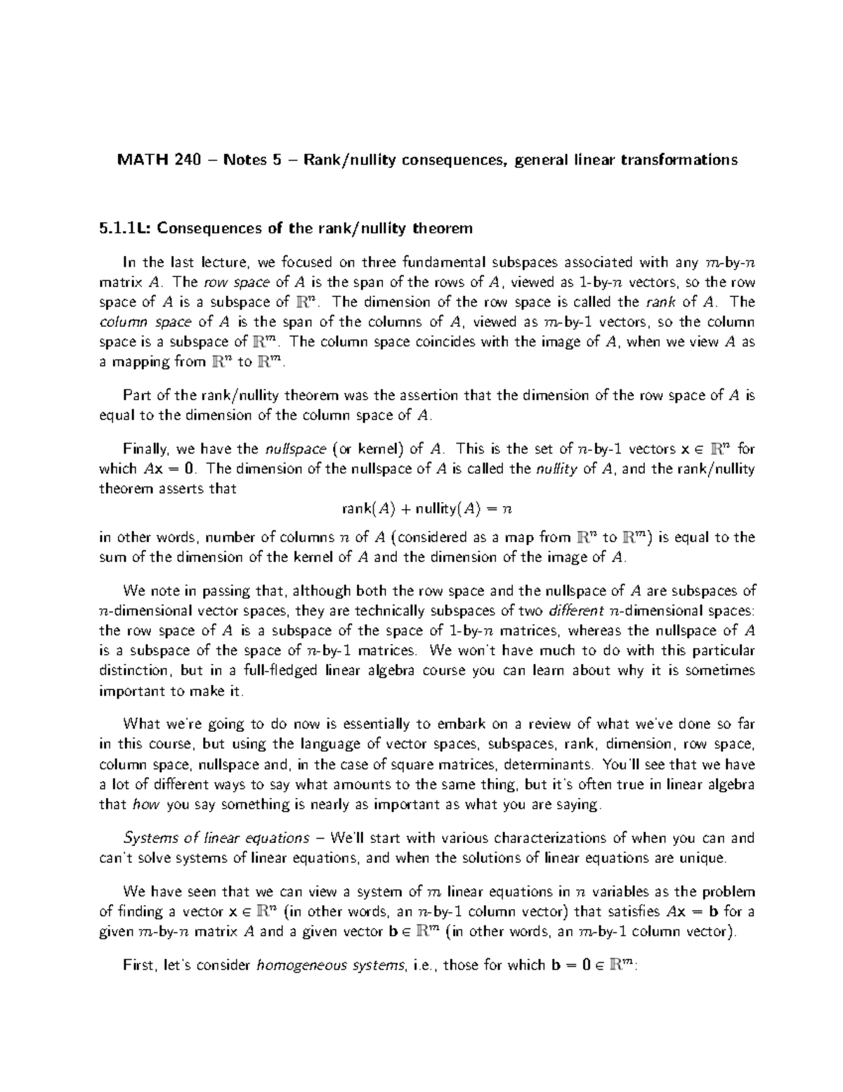 Sec 5 - 2400 5.1 - MATH 240 – Notes 5 – Rank/nullity consequences ...