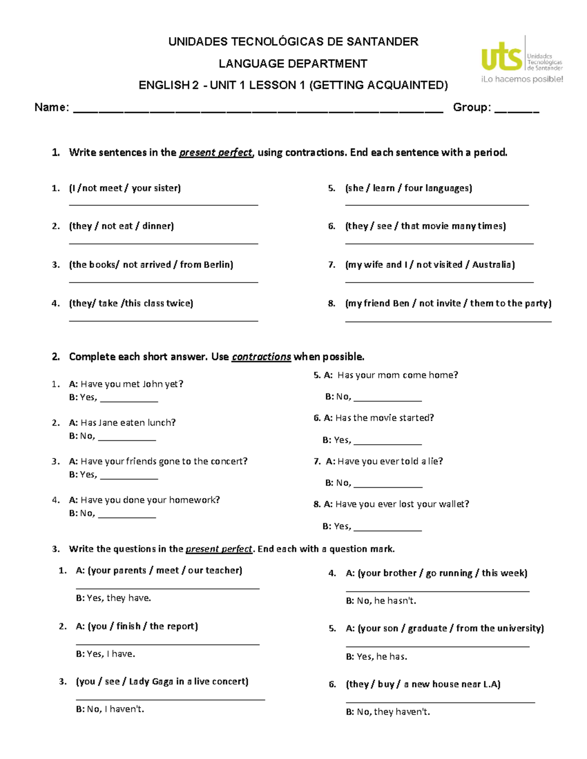 English 2 - UNIT 1 - Present Perfect Worksheet 1 - UNIDADES ...