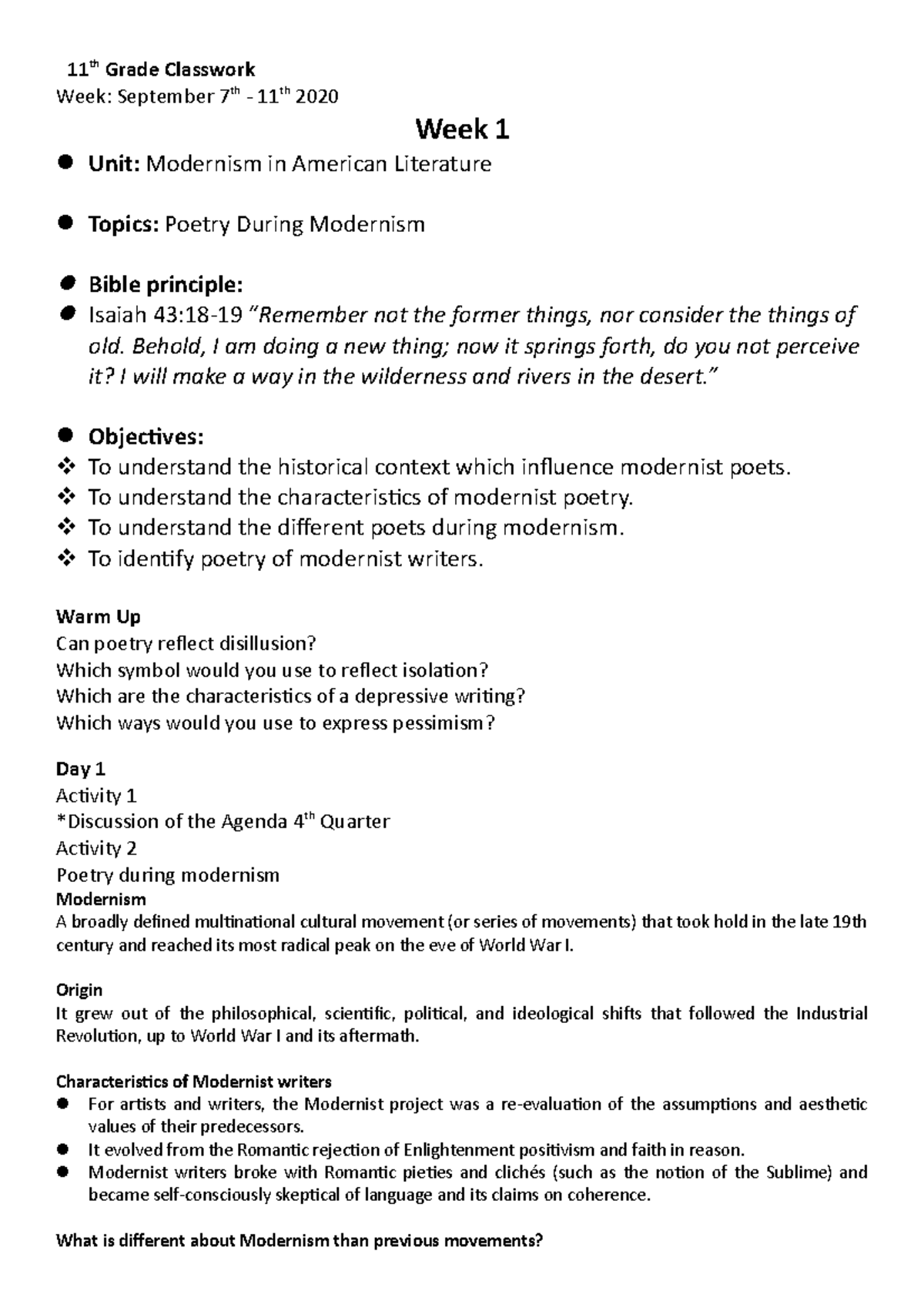 11th grade assignments - 11 th Grade Classwork Week: September 7th ...