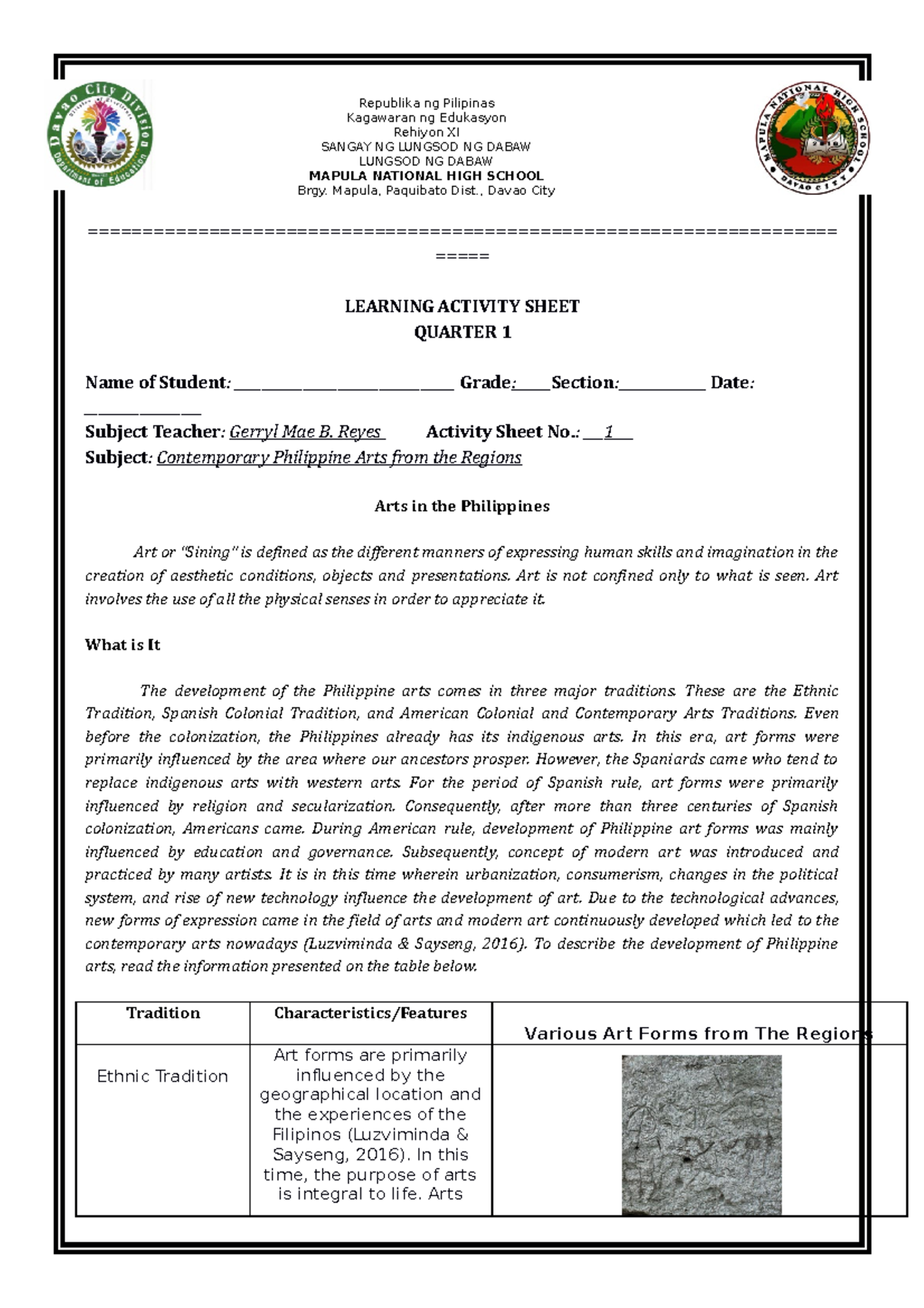 Q1 - LAS 1 - CPAR - Contemporary Philippine Arts from the Regions ...