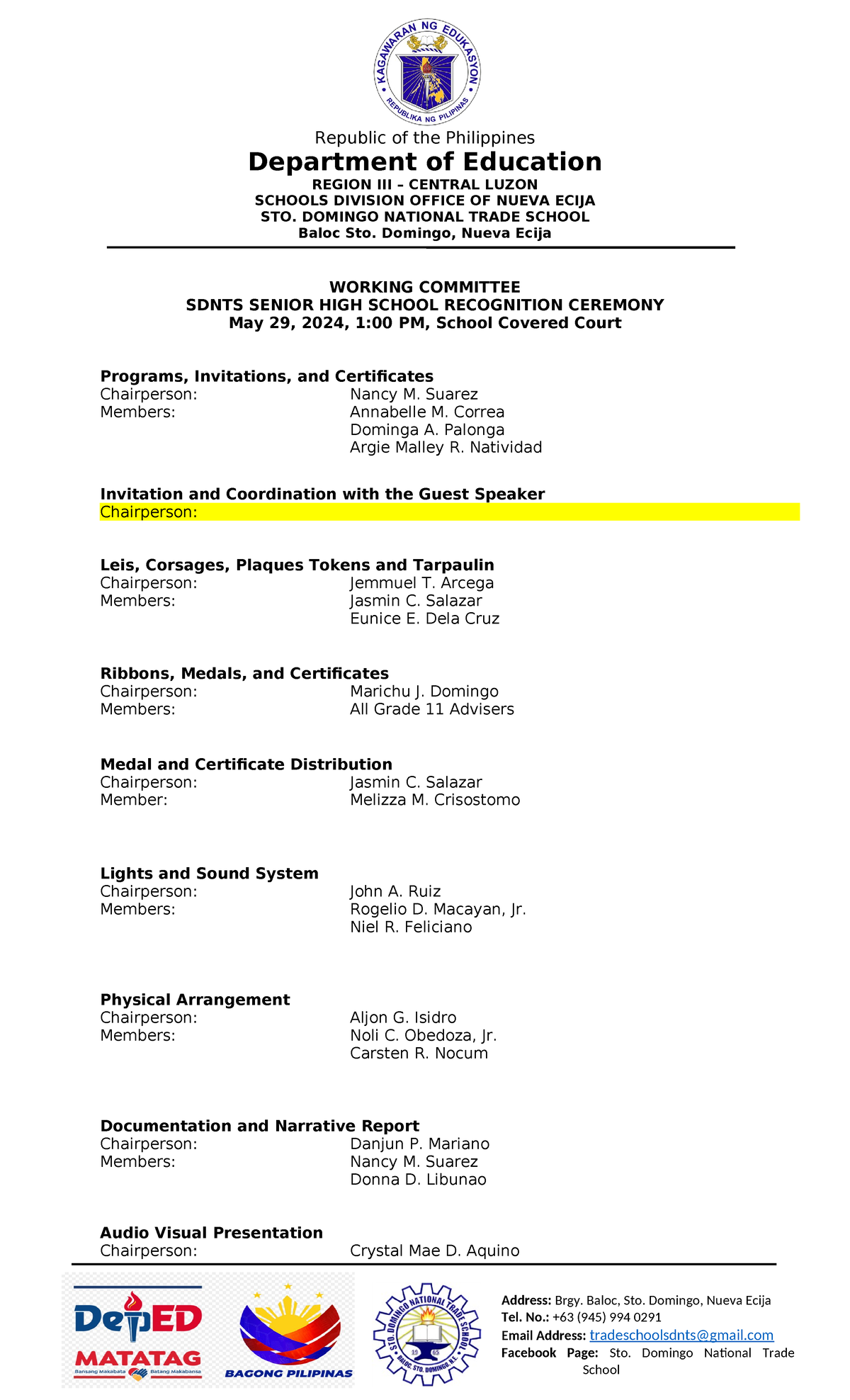 Working Committee Recognition 2024 - Address: Brgy. Baloc, Sto. Domingo ...